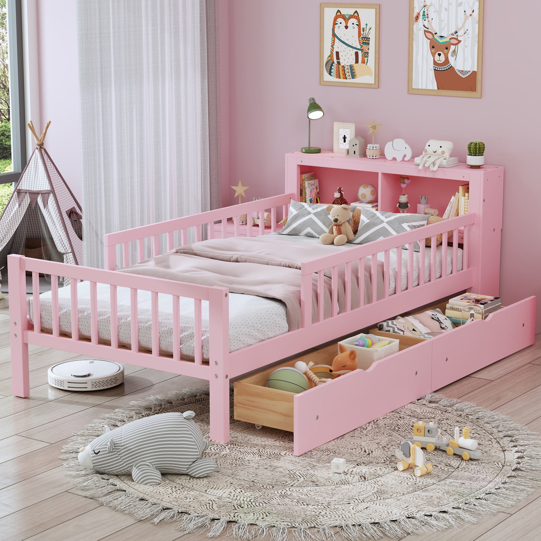 Kids Platform Bed with Storage Headboard, Twin Size Kids Bed with 2 ...