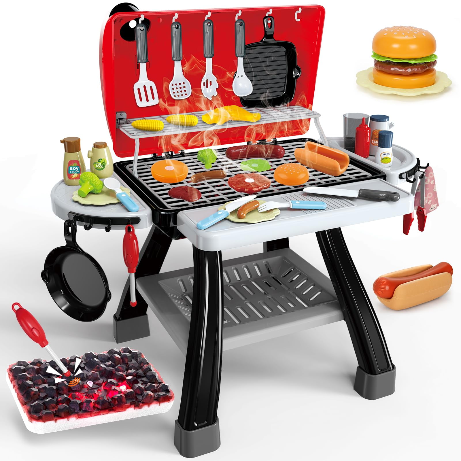Kids Play Kitchen Toys, Kids BBQ Grill Kitchen Playset with Smoke ...