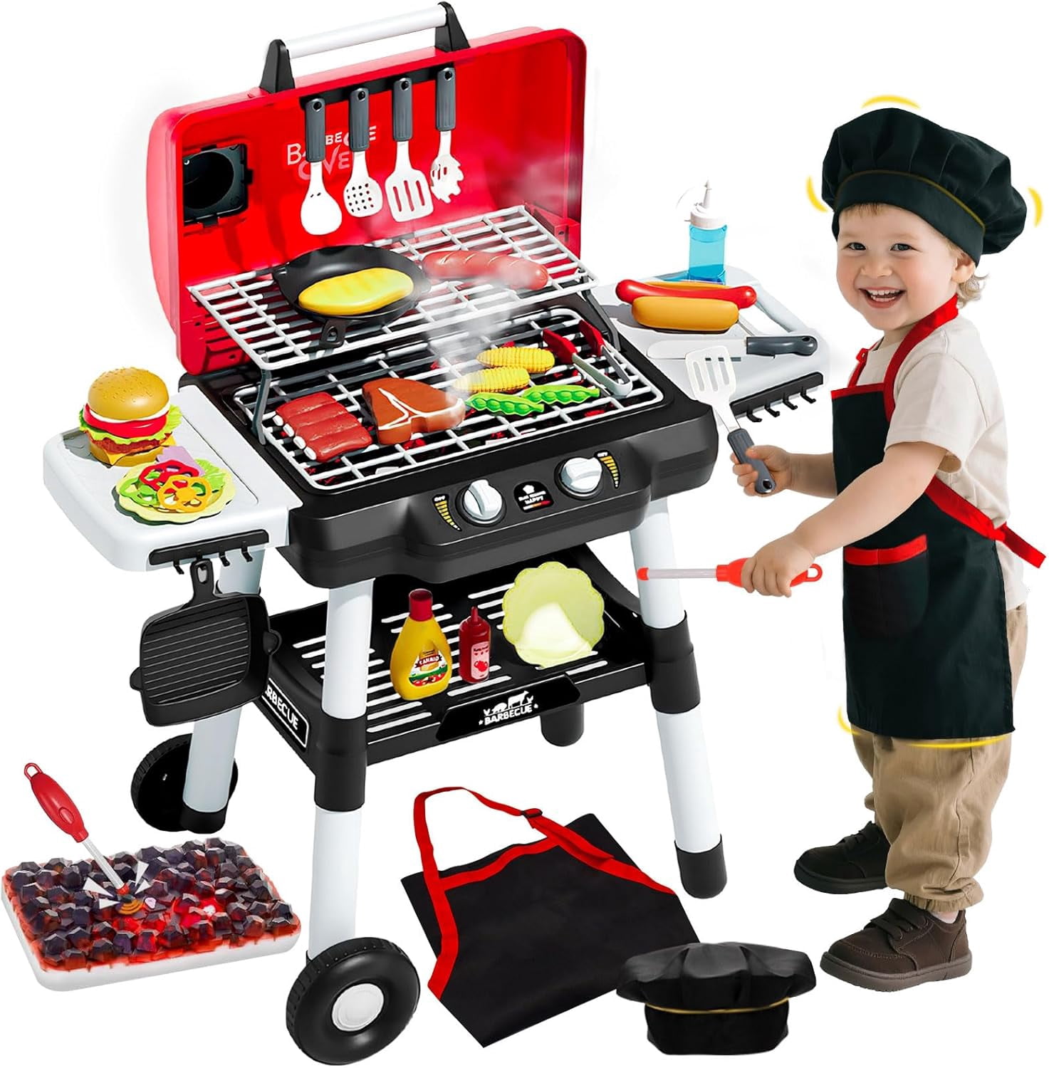 Kids Play Kitchen Toys, Kids BBQ Grill Playset with Smoke Sound Light ...