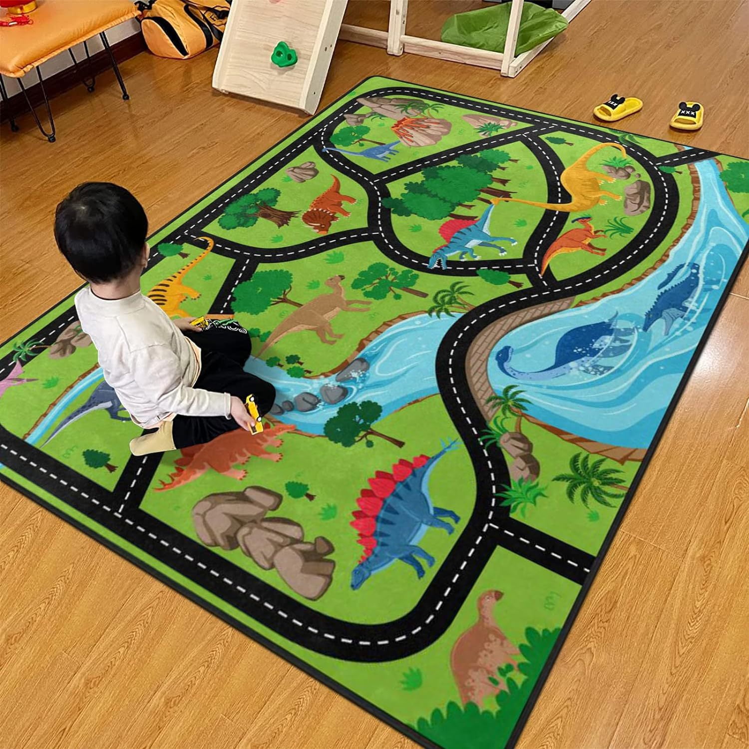 Kids Play Mat Road Rug Dinosaur Car Rug For Toddlers Non-Slip Map Rug ...