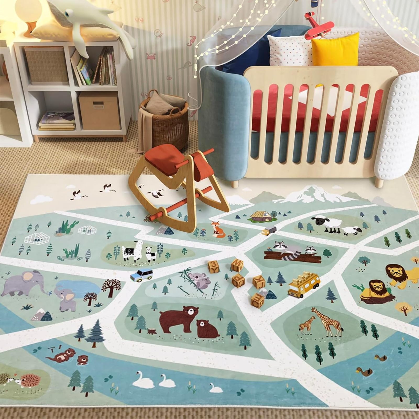 Kids Play Mat Zoo Animal Car Road Rug Playroom Classroom Rug Adventure ...