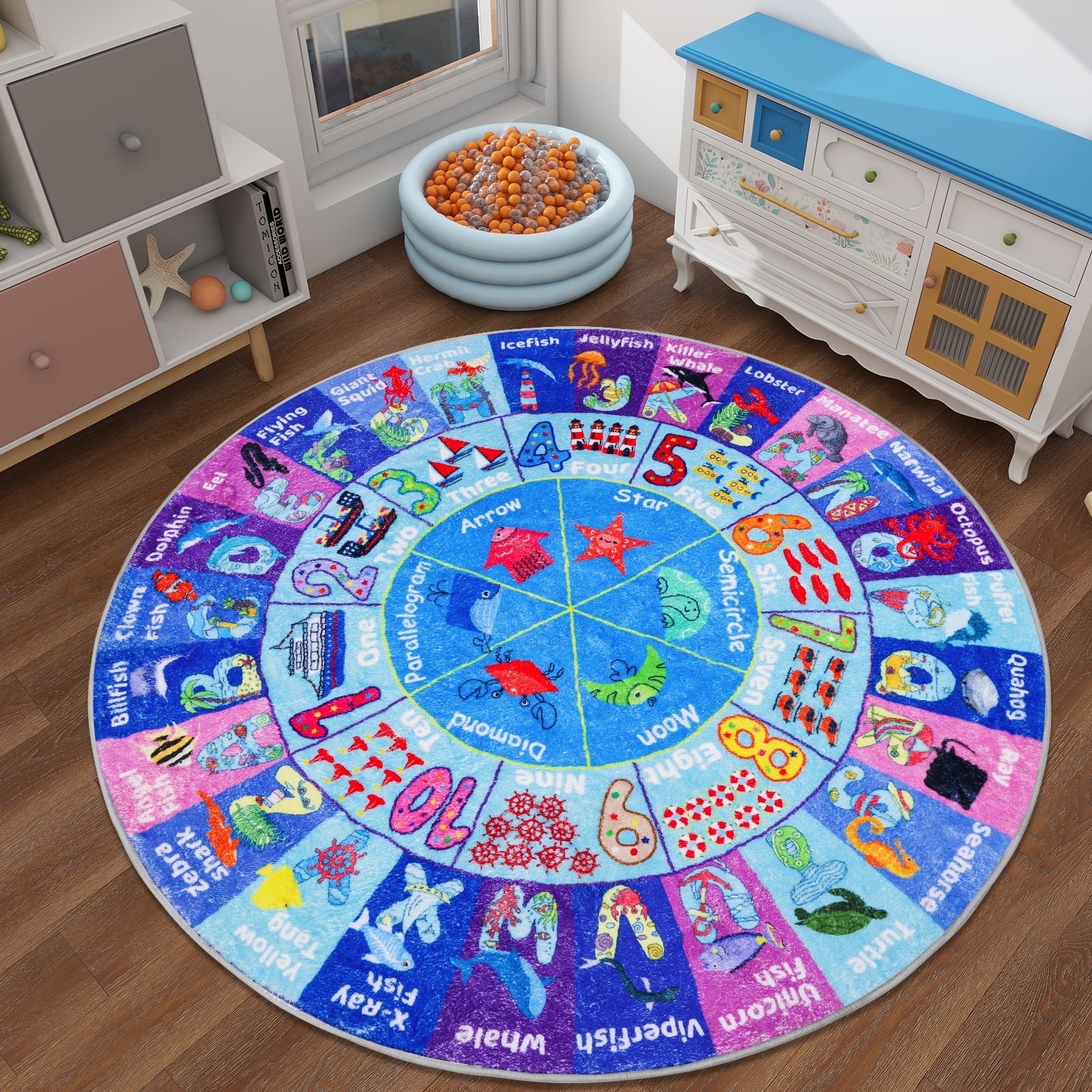 Kids Play Rug Fluffy ABC Educational Rug Round 63" Ocean Kids Rug Non ...