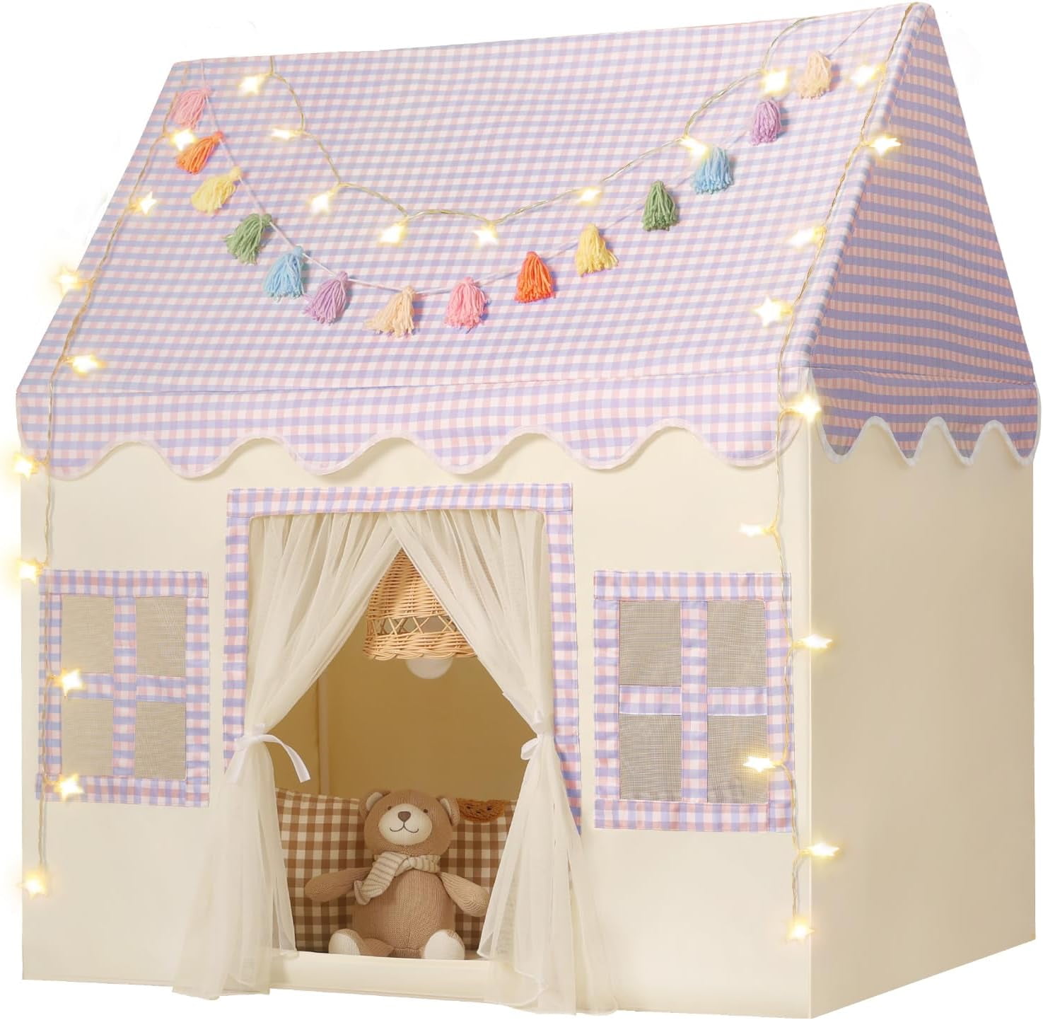 Kids Play Tent Indoor: Mat, Tassel Garland, Star Lights - Purple ...