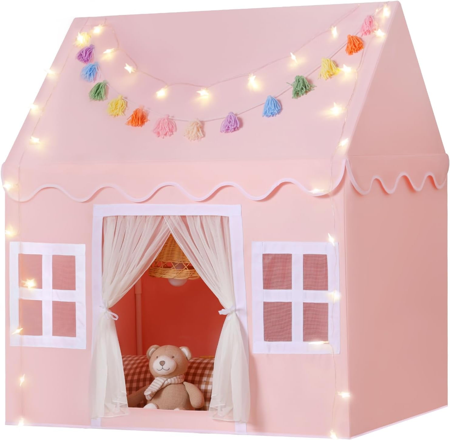 Kids Play Tent Indoor: with Mat, Tassel Garland, Star Lights - Pink ...