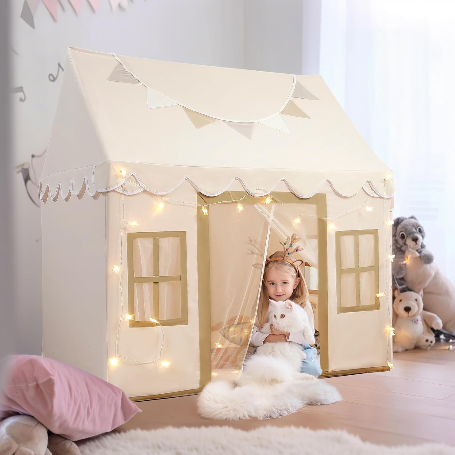 Kids Play Tent with Non-Slip Mat, Star String, Decorating Flag, Machine ...