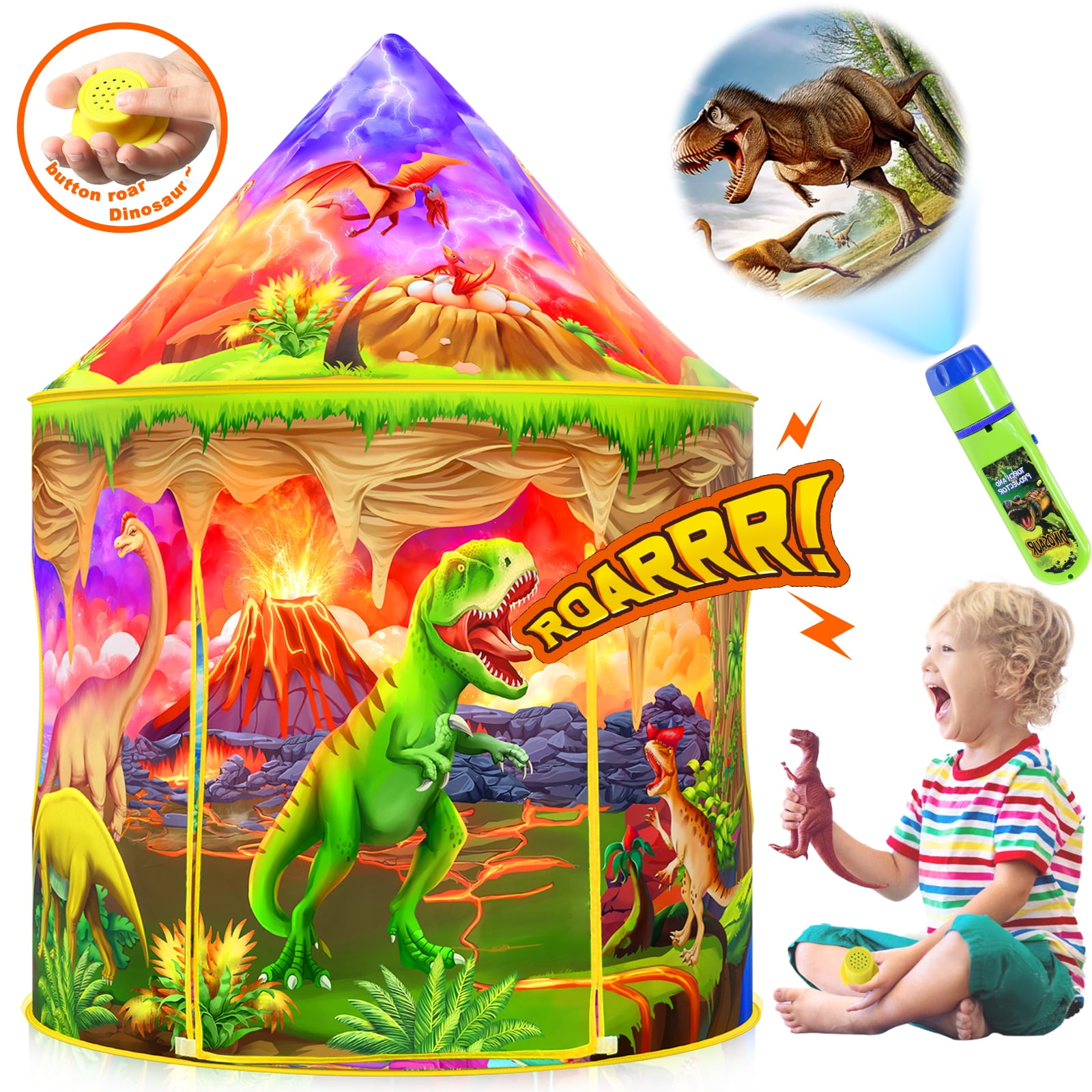 Dinosaur Kids Play Tent with Projection Flashlight and Realistic Sounds ...