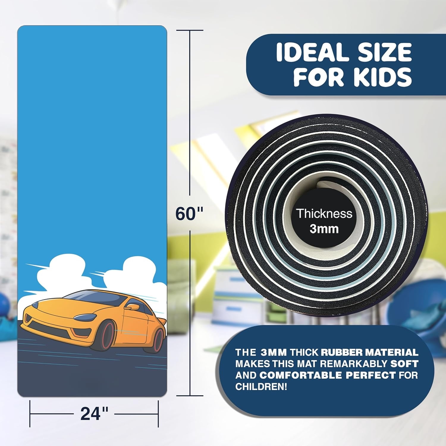 Kids Play and Yoga Mat 60"x24", 3mm Thick Non Slip Mat + Fun Dolphin ...