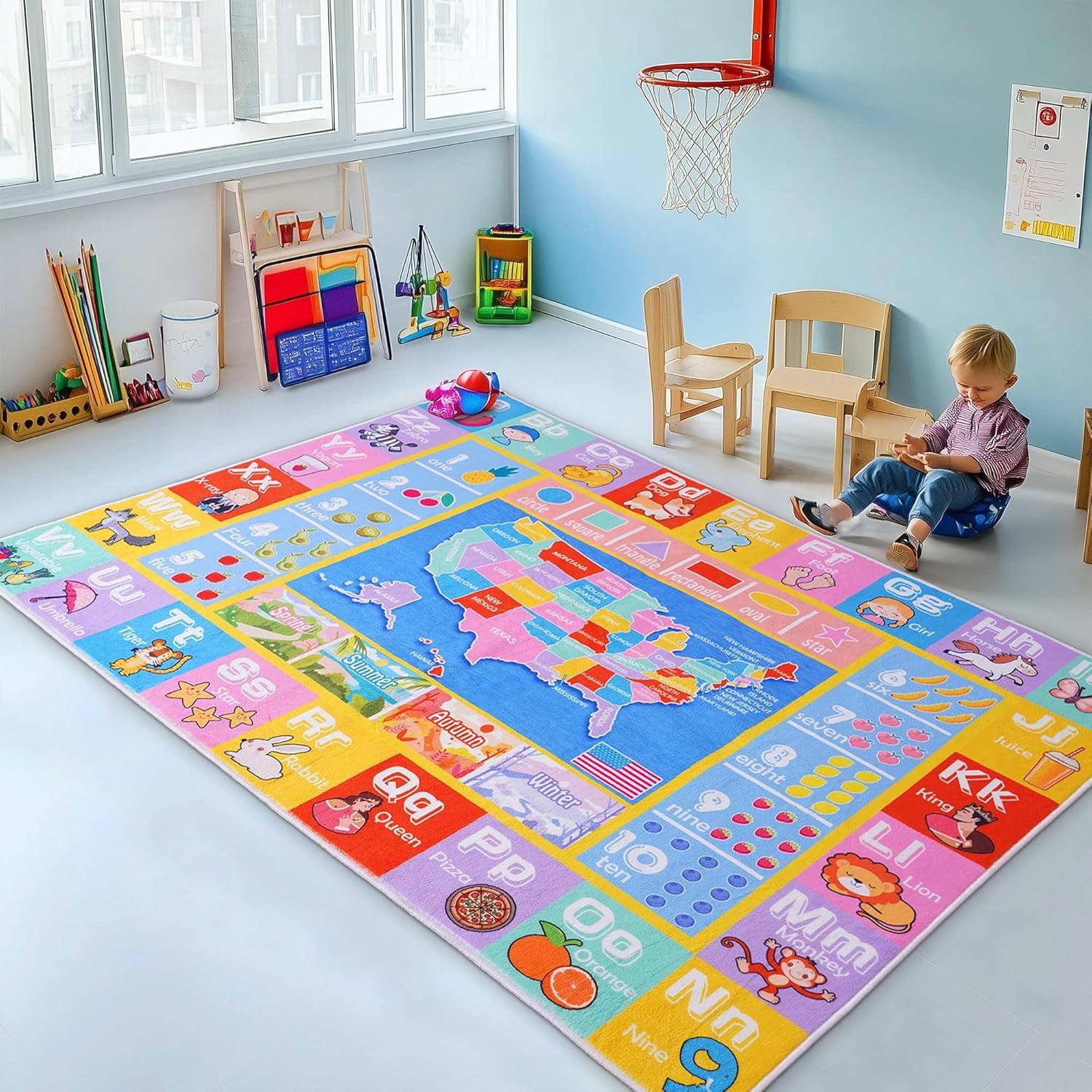 Kids Playroom Rugs - 3x4 ABC Alphabet, Numbers, Shapes and Map ...