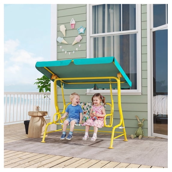 Kids Porch Swing 2-Seater, Patio Swing Bench with Canopy, Adjustable ...
