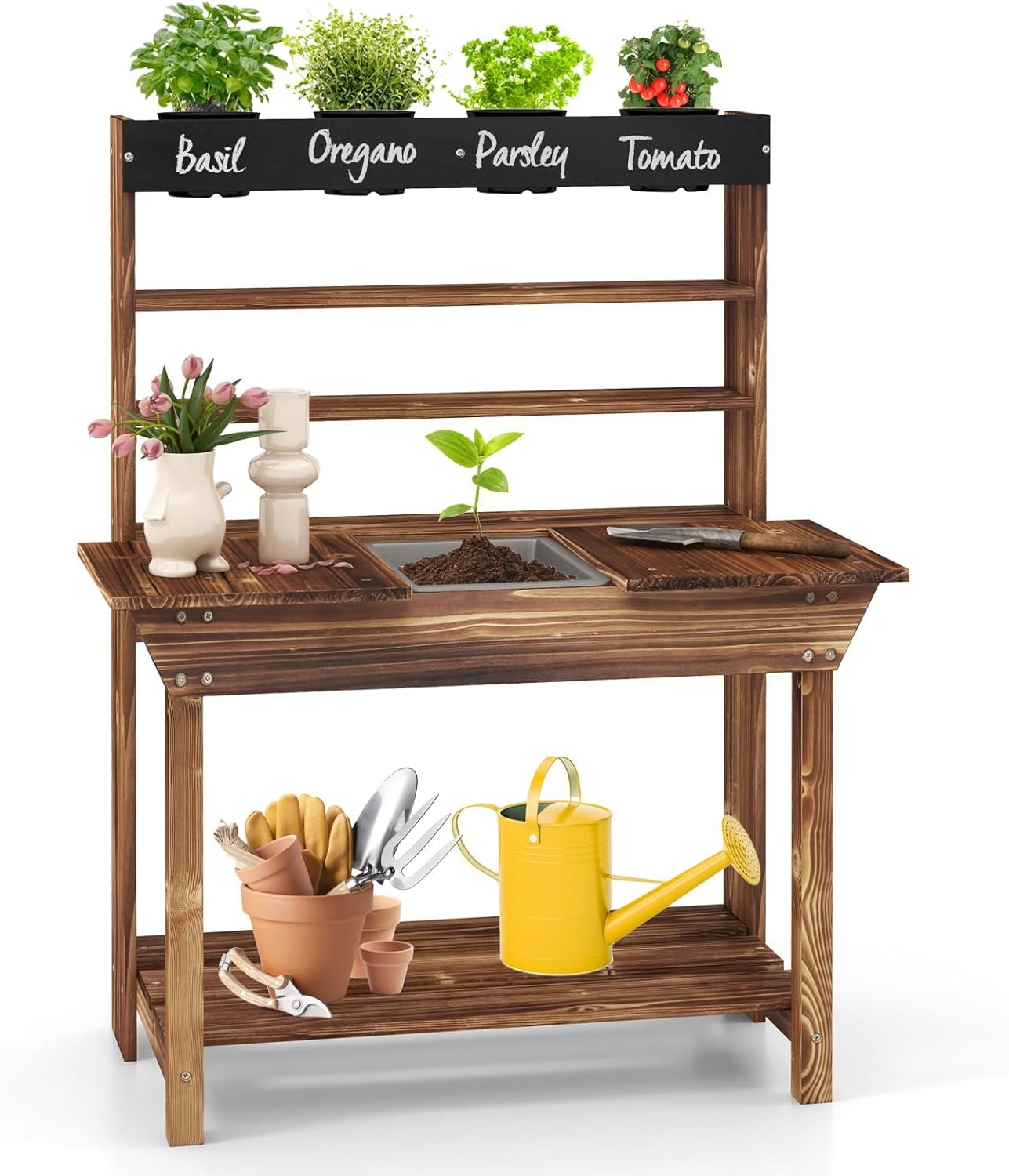 Kids Potting Bench, Wood Toy Gardening Center with Pots, Chalkboard ...