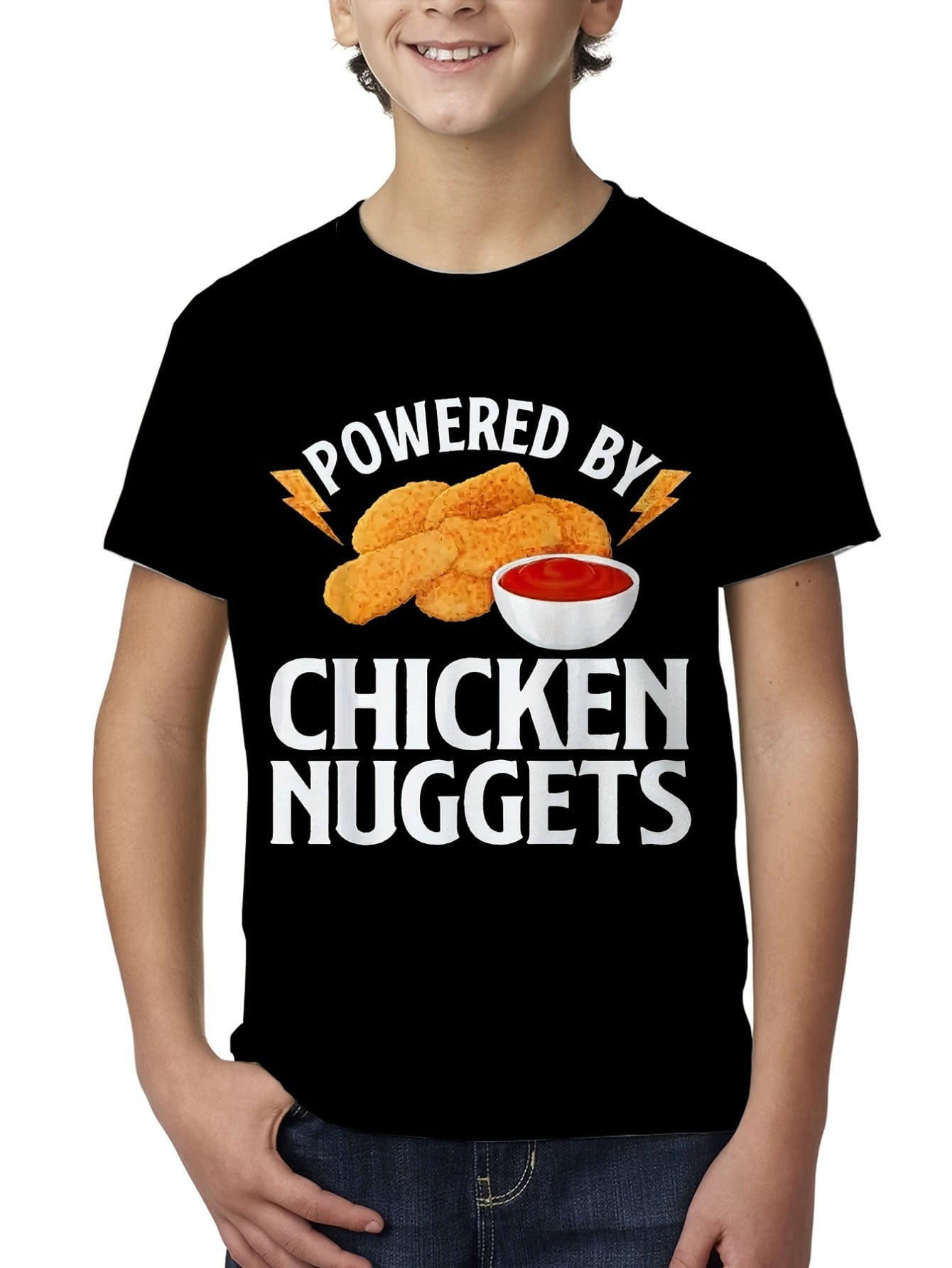 Kids "Powered by Chicken Nuggets" Funny Short Sleeve T-Shirt, Casual ...