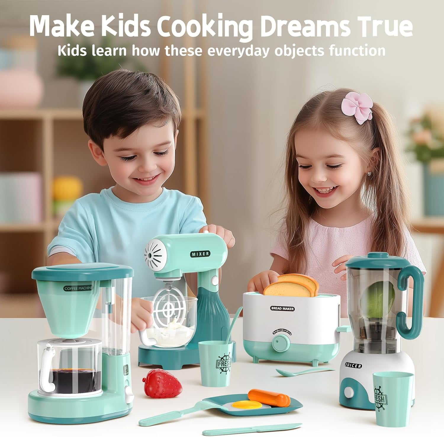Kids Pretend Kitchen Toy Set with Blender, Coffee Maker, Mixer ...