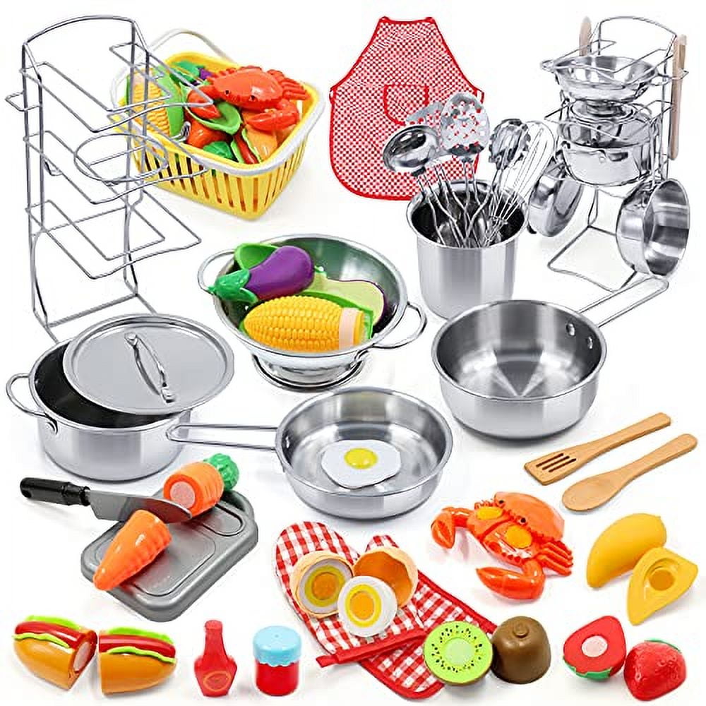 Kids Pretend Play Kitchen Toys Accessories Set, 34PCS Stainless Steel ...