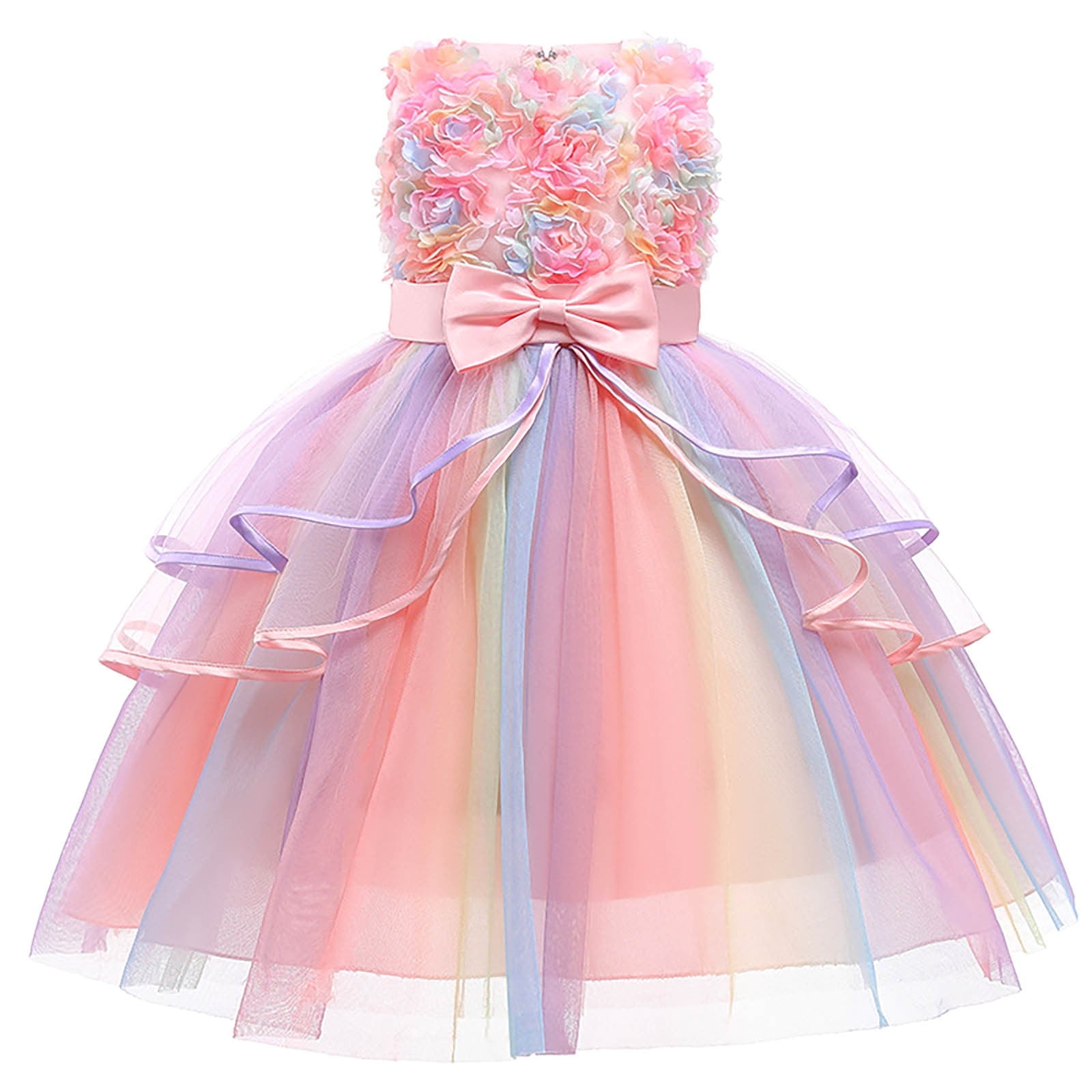 Kids Princess Dress, Girls Flower Bowknot Rainbow Color Sleeveless ...
