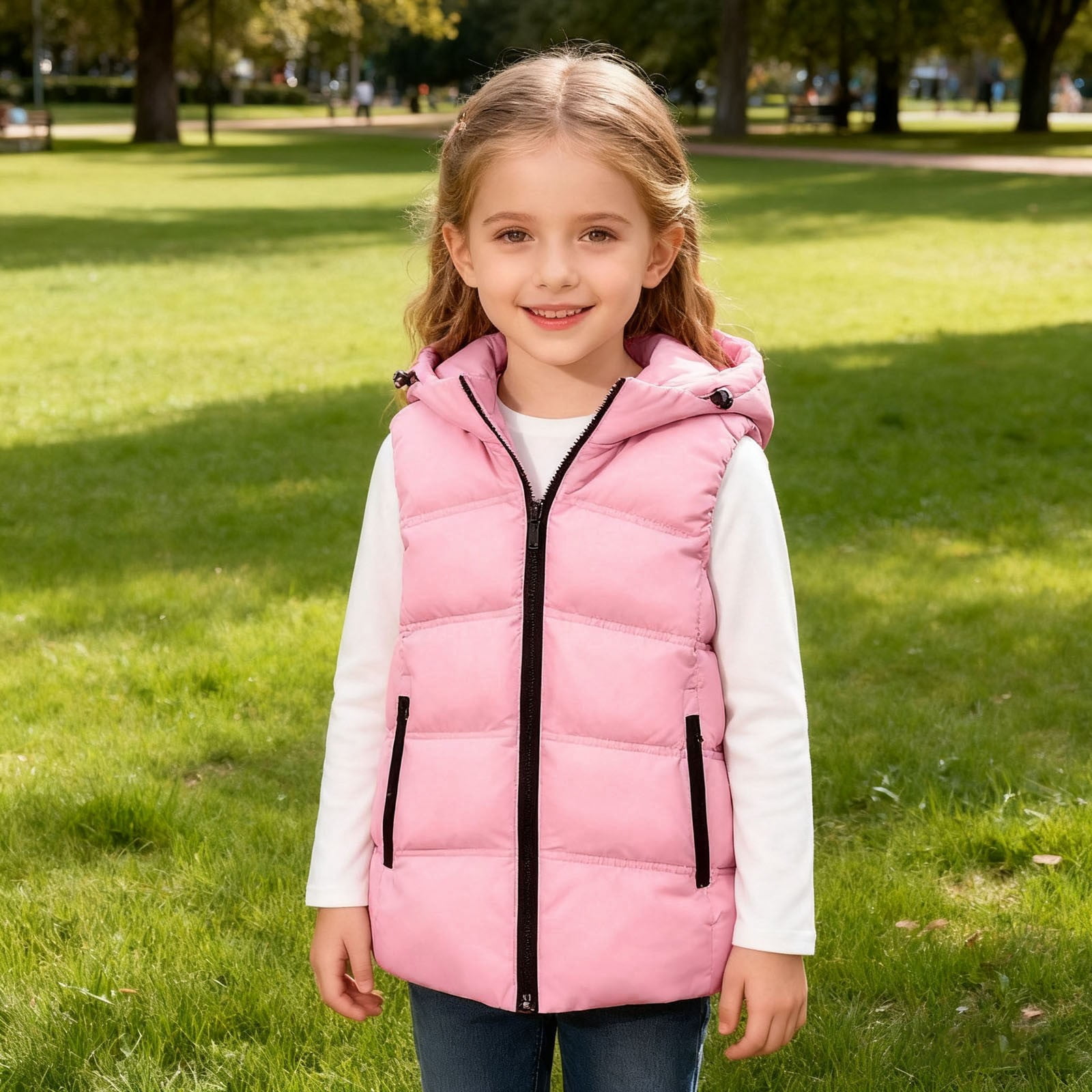 Kids Puffer Vest Hooded Jacket Boys Pink Vest Full-Zip Sleeveless ...