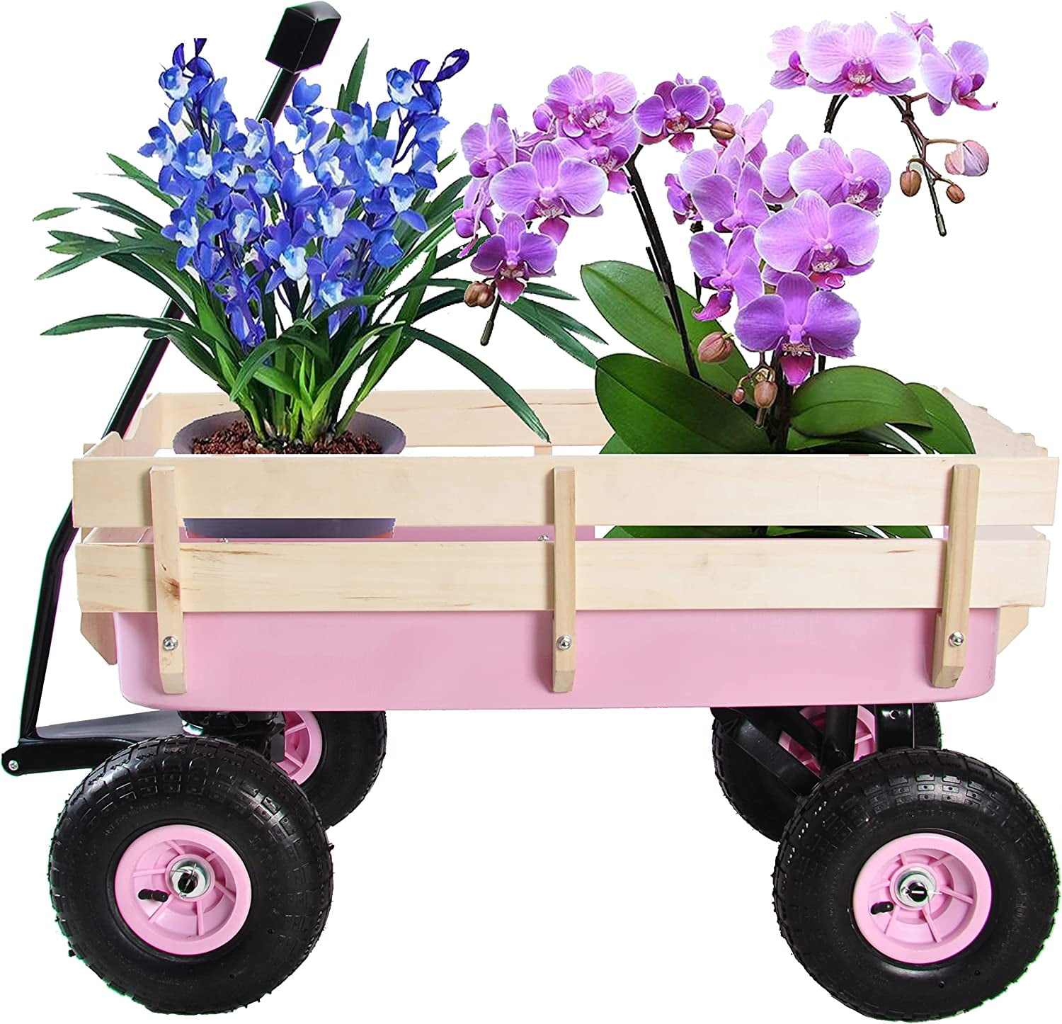 Kids Pull-Along Wagon Cart with Wooden Side Panels Foldable Handle All ...