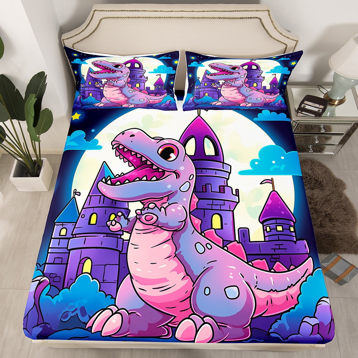 Kids Purple Dinosaur Full Fitted Sheet,Cute Cartoon Dinosaur Bedding ...