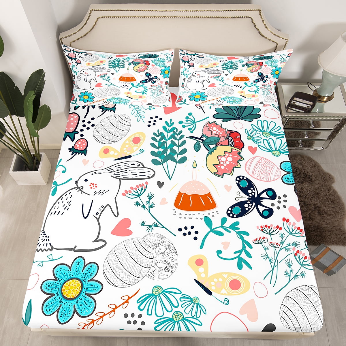 Rabbit Bedding Set Queen Size,Butterfly Print Fitted Sheet ,Cartoon ...