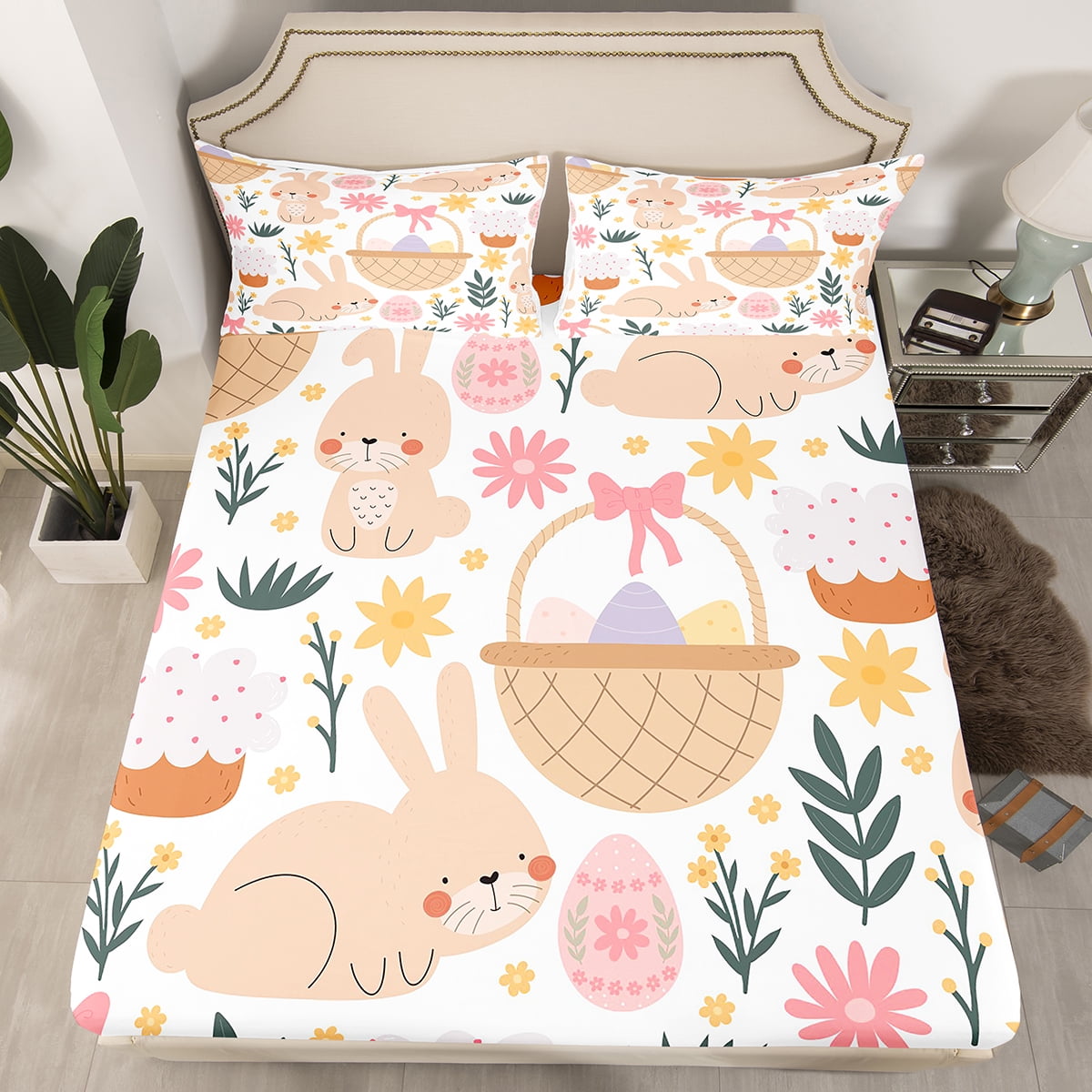 Kids Rabbit Fitted Sheet Twin Size,Kawaii Bunnies Bedding Set,Easter ...