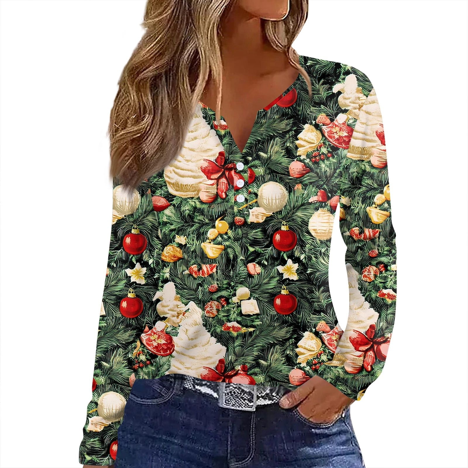 Women's Long Sleeve V Neck T-Shirts Christmas Tree Xmas Snowflake Print ...