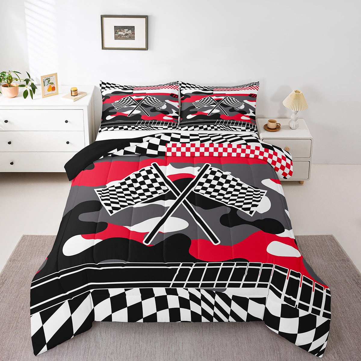 Race Car Bed Comforter Set Twin Size, Racing Plaid Bedding Black and ...