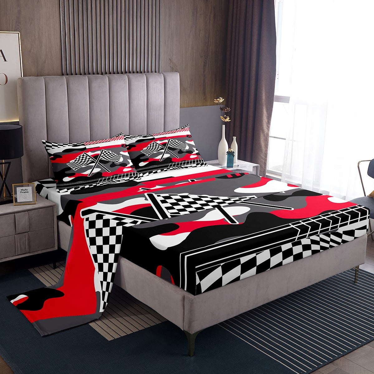 Race Car Bed Sheet Set Full Size, Racing Plaid Sheets Black And White ...