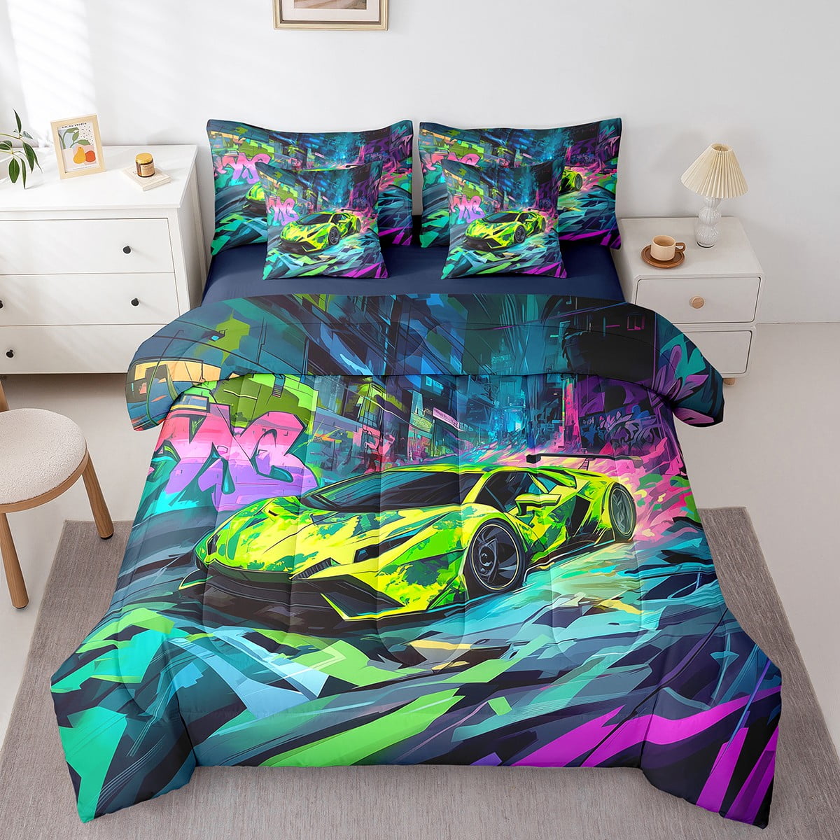 Race Car Full Comforter Set 7 Piece Blue Green Racing Car Bedding Set ...