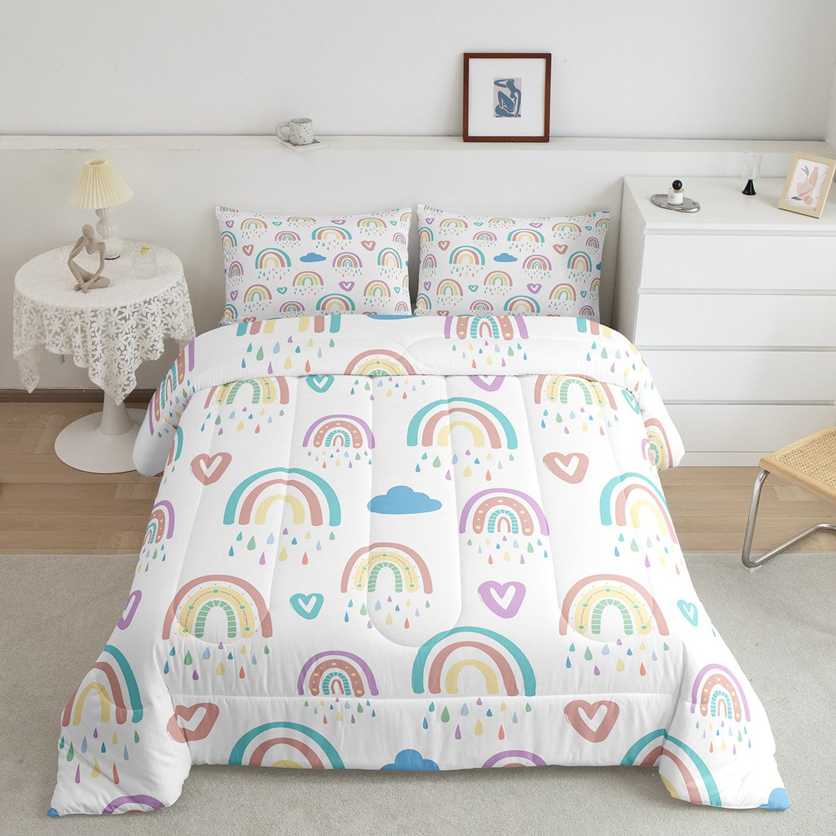 Kids Rainbow Bedding Comforter Sets Cartoon Rainbow Boho Bedding ...