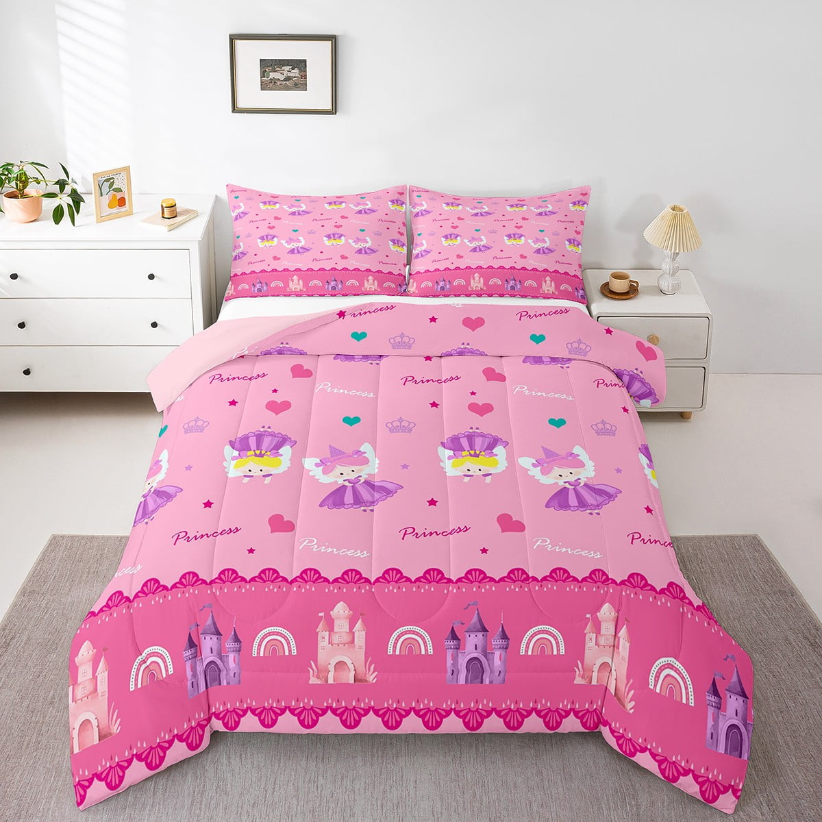 Kids Rainbow Comforter Set Queen Size for Girls Castle Bedding Sets ...