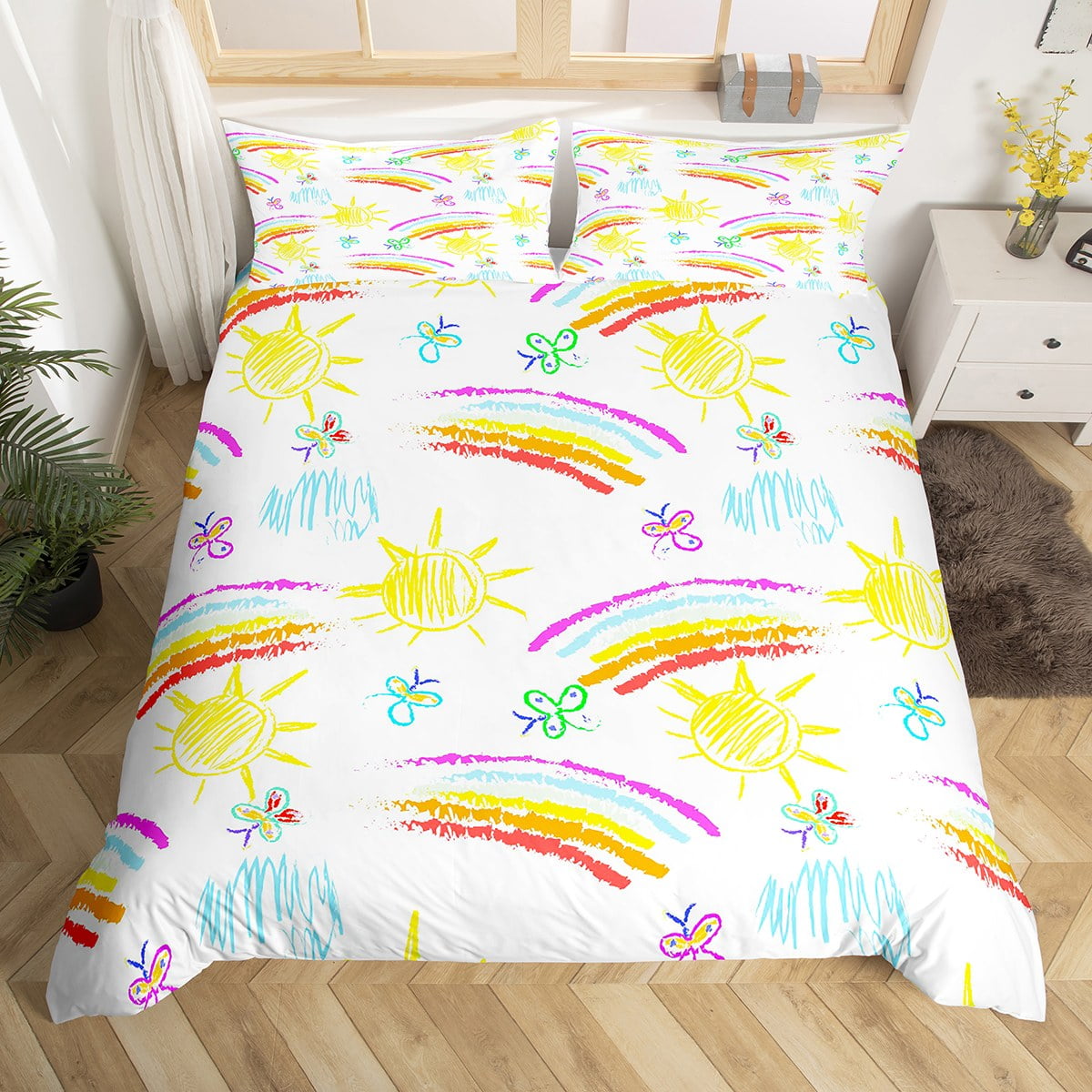 Kids Rainbow Duvet Cover Boys Girls Cute Yellow Sun Bedding Sets Twin ...
