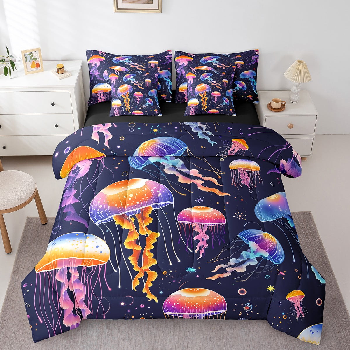 Kids Rainbow Jellyfish Bedding Comforter Sets 7-Piece Ocean Fish Print Bed in a Bag Glitter ...