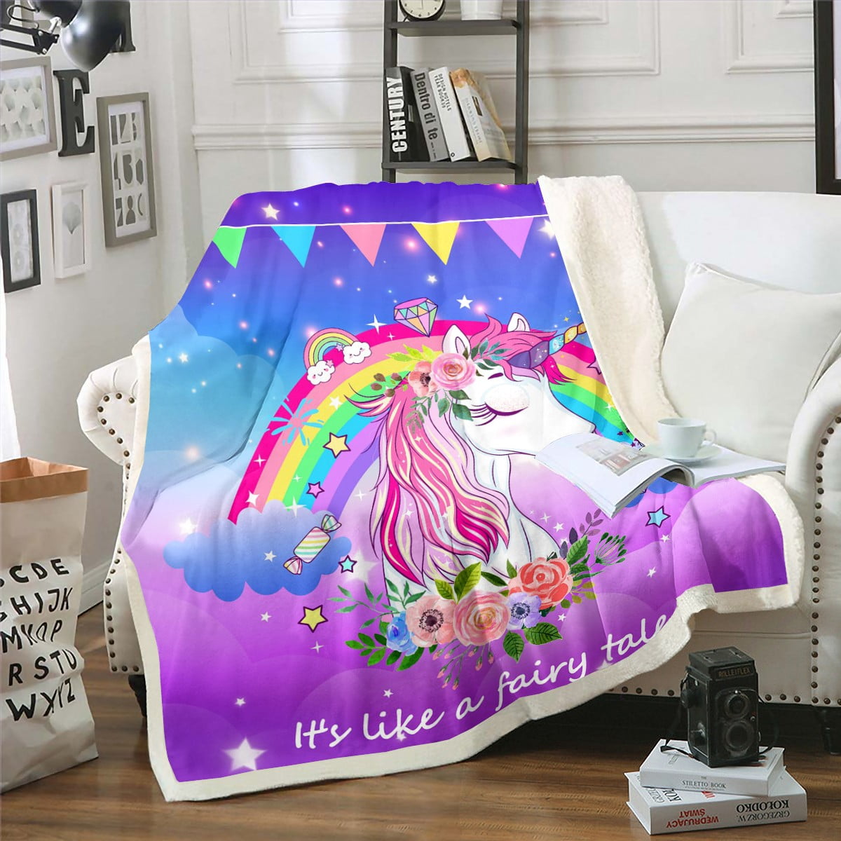 Rainbow Unicorn Blanket 90"x90" Kawaii Throw Blanket , Cute Cartoon ...