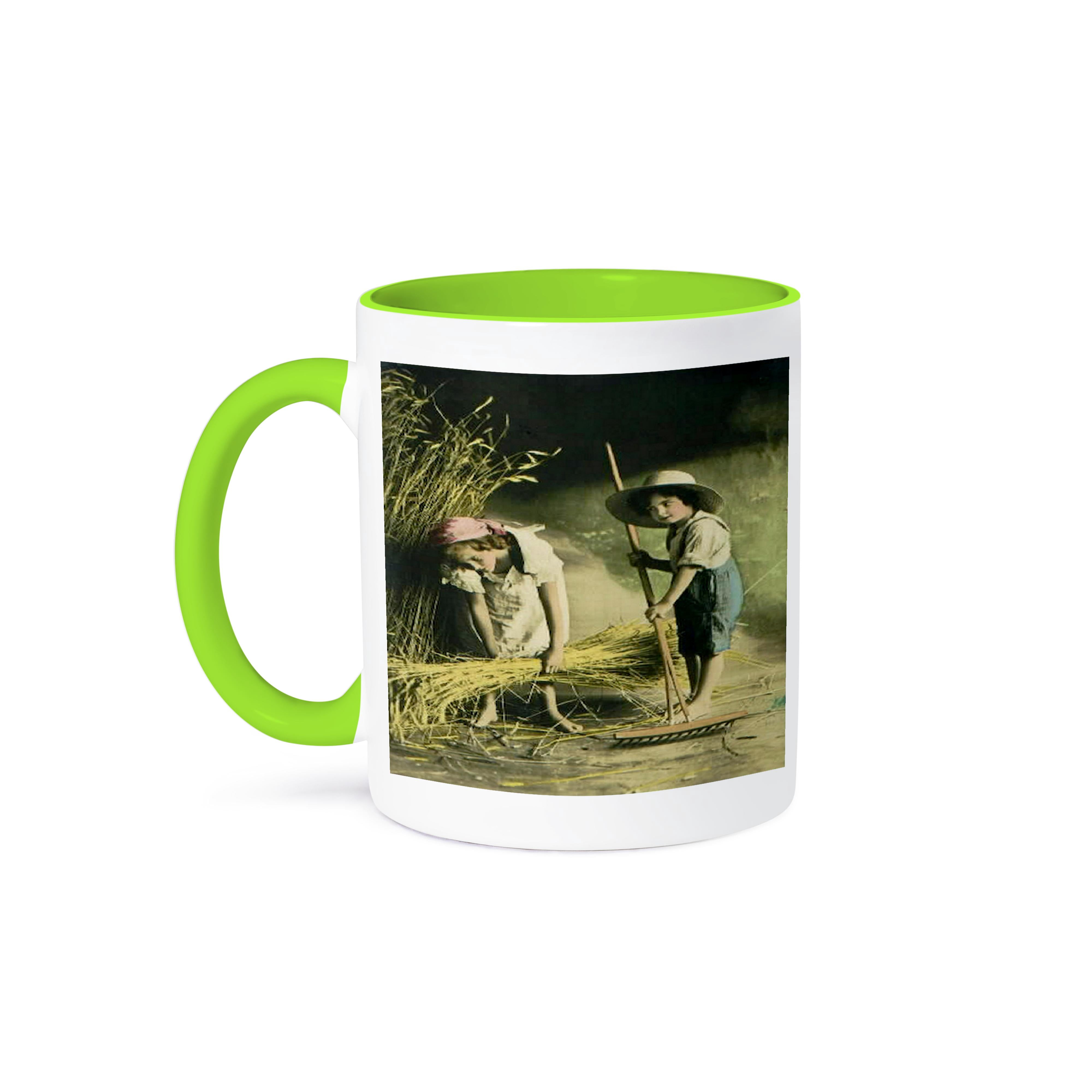 Kids Raking Hay Hand Colored, 11oz Two-Tone Green Mug - Walmart.com