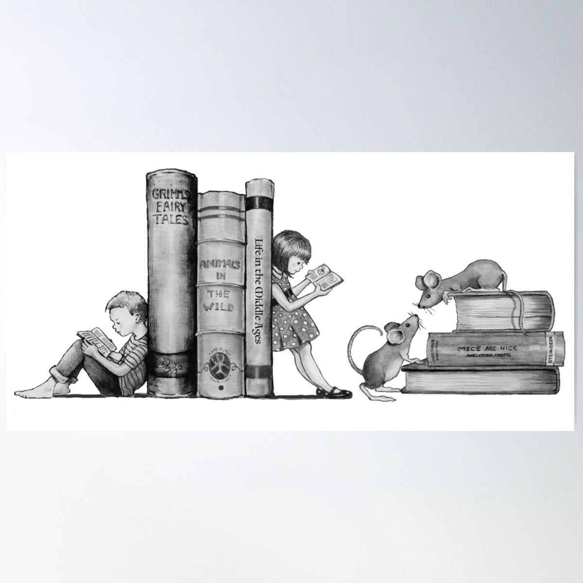Kids Reading, Mice Playing, Pencil Drawing, Fantasy Art Poster Wall Art ...
