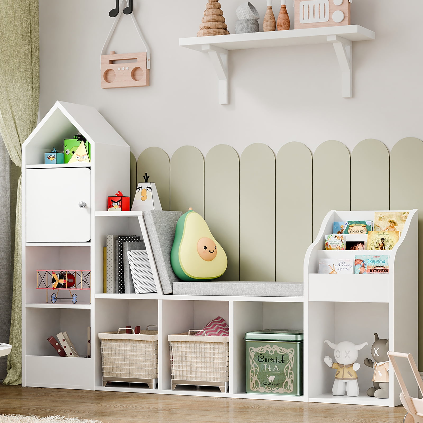 Kids Reading Nook with Bench - Bookshelf & Bookcase with Seat Cushion ...