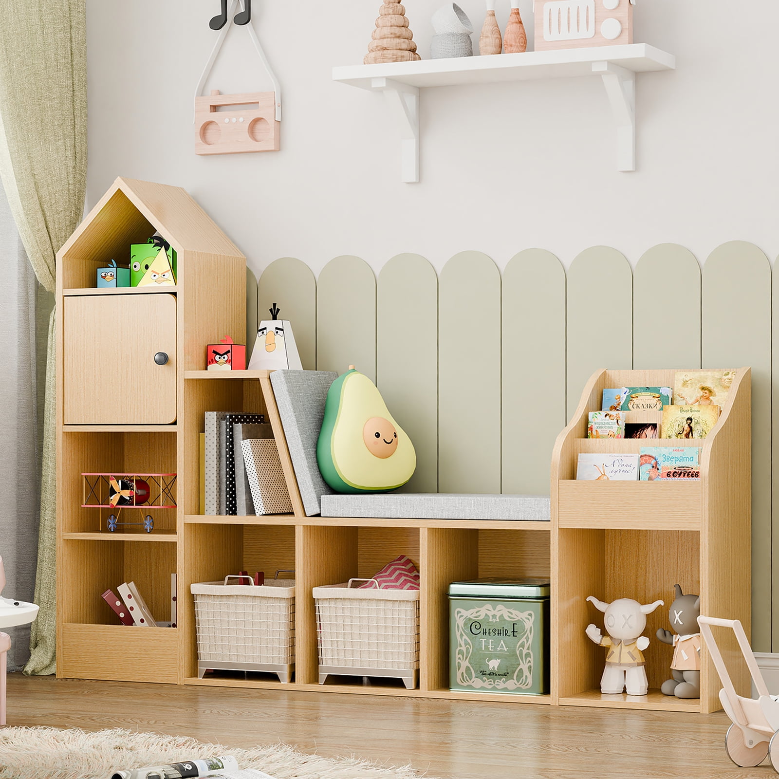 Kids Reading Nook with Bench - Bookshelf & Bookcase with Seat Cushion ...