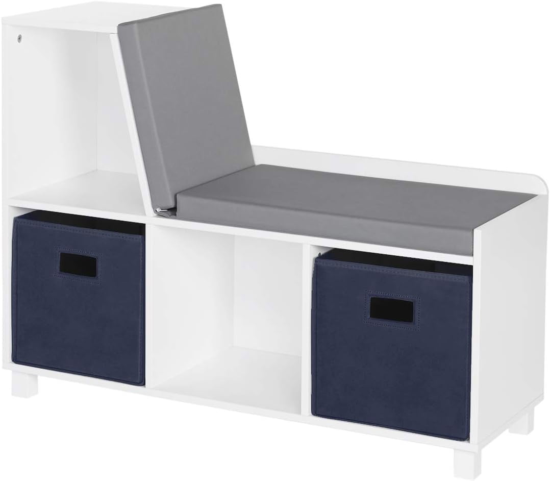 Kids Reading Nook with Book Storage Bench, White Cubby Bench with Navy ...