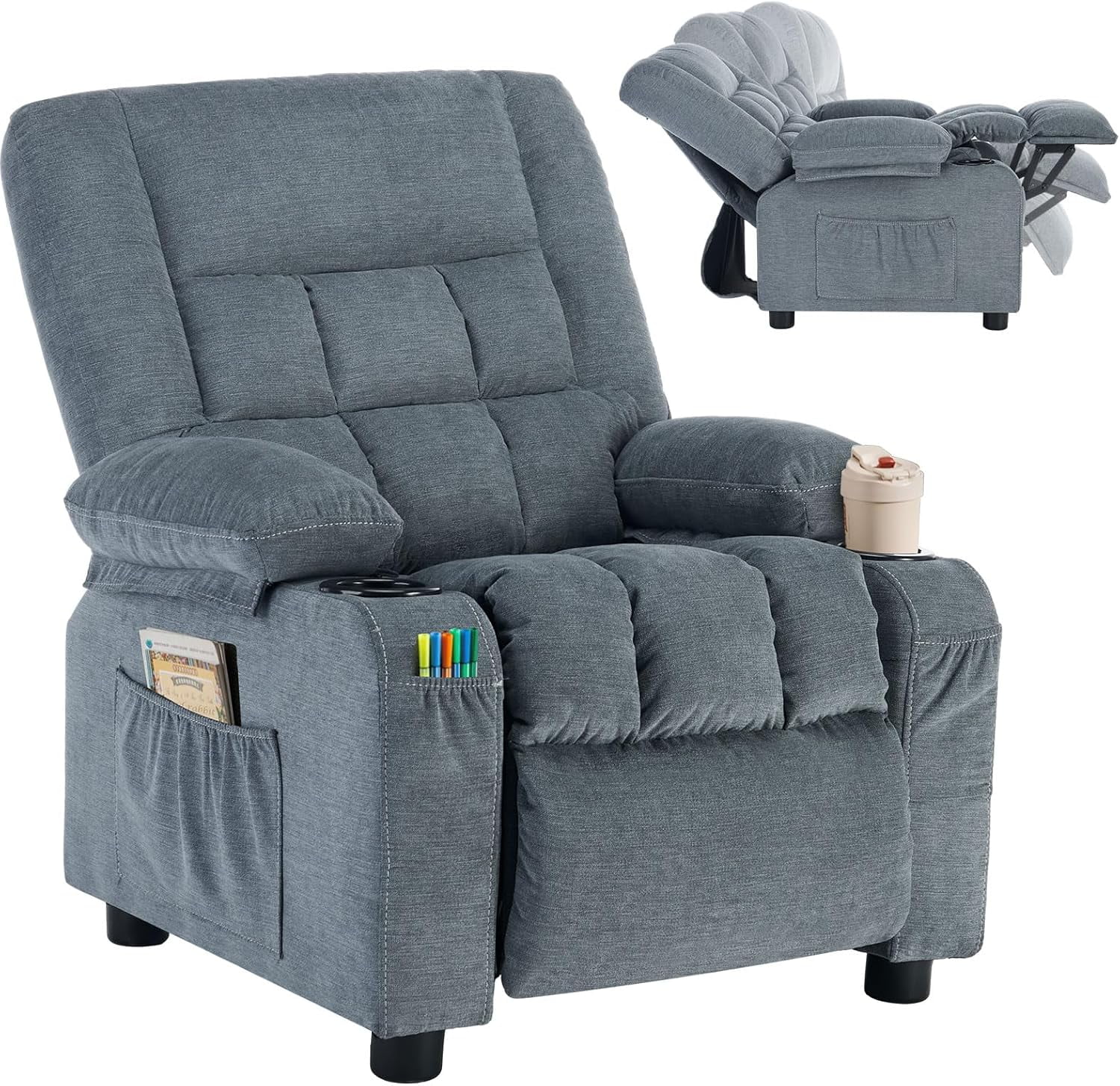 Kids Recliner Chair， Push Back Toddler Recliner with Cup Holders & Side ...