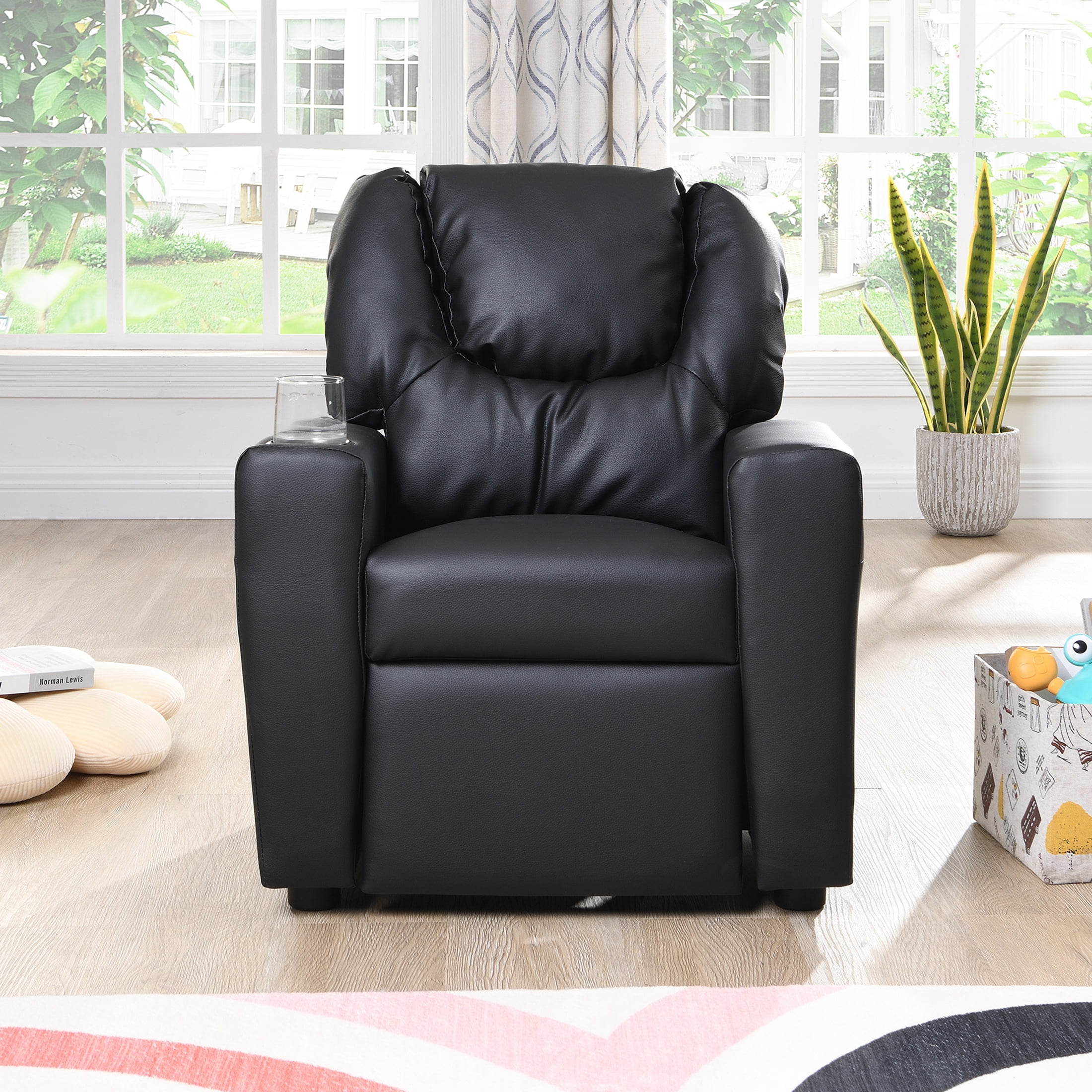 Kids Recliner Chair, Upholstered Single Sofa Couch with Cup Holder for ...