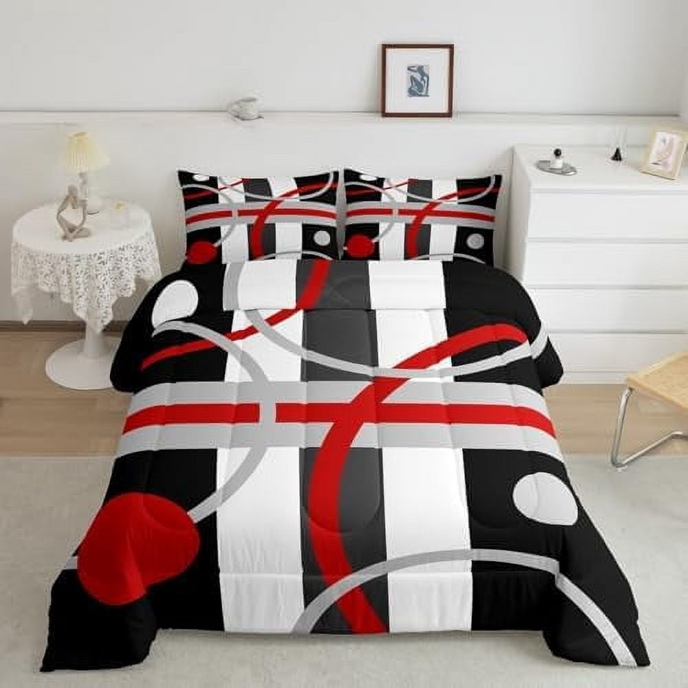 Kids Red and Black Comforter Set Queen Size Geometry Bedding Set for ...