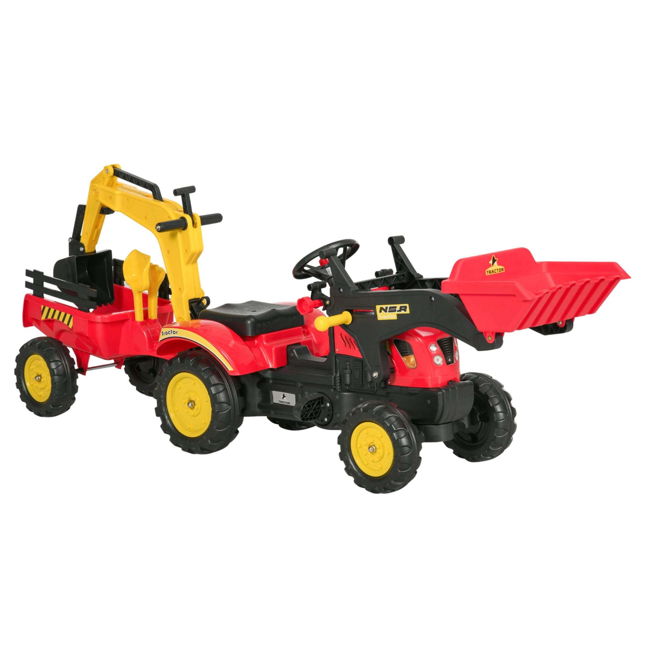 Kids Ride On Excavator, 3-in-1 Pedal Car Digger Toy with Trailer ...