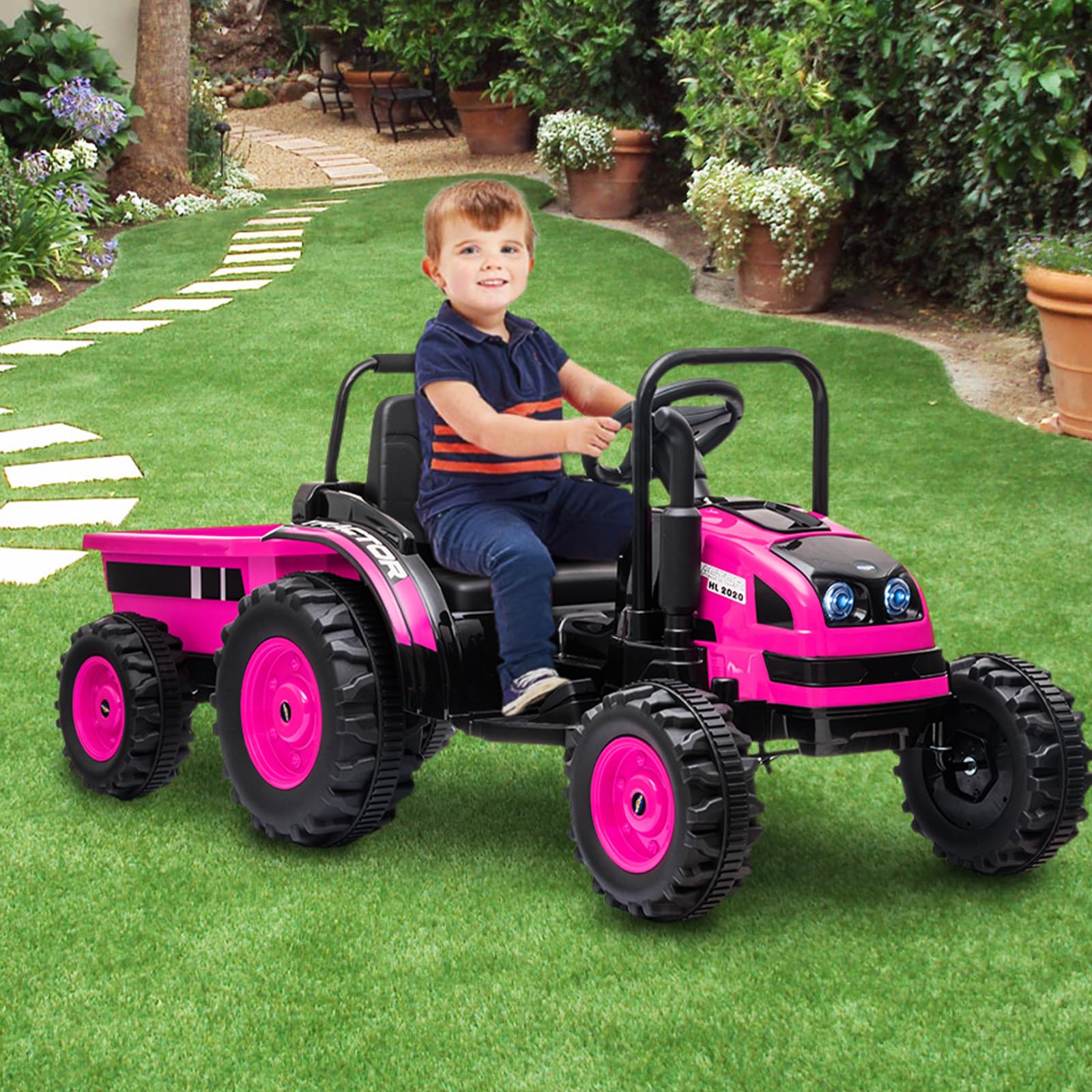 Kids Ride on Tractor with Trailer, 12V Battery Powered Electric Tractor ...