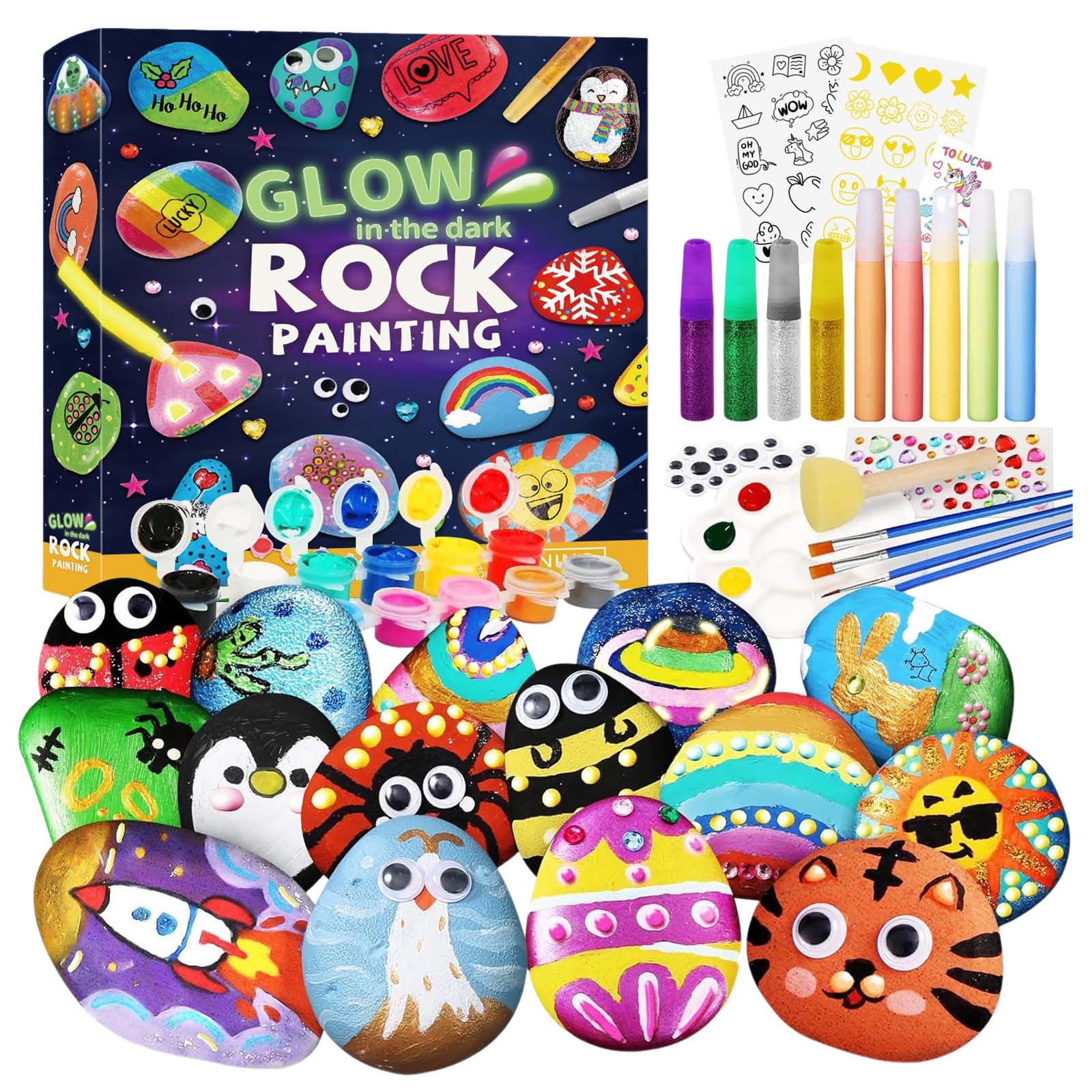 Kids Rock Painting Kit, 14 Pebbles for Painting - Glow in The Dark Rock ...