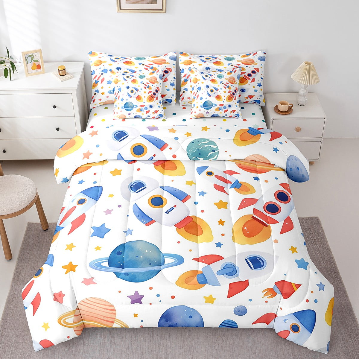 Kids Rocket Bedding Set King Size,Outer Space Planet Bed in a Bag 7 ...