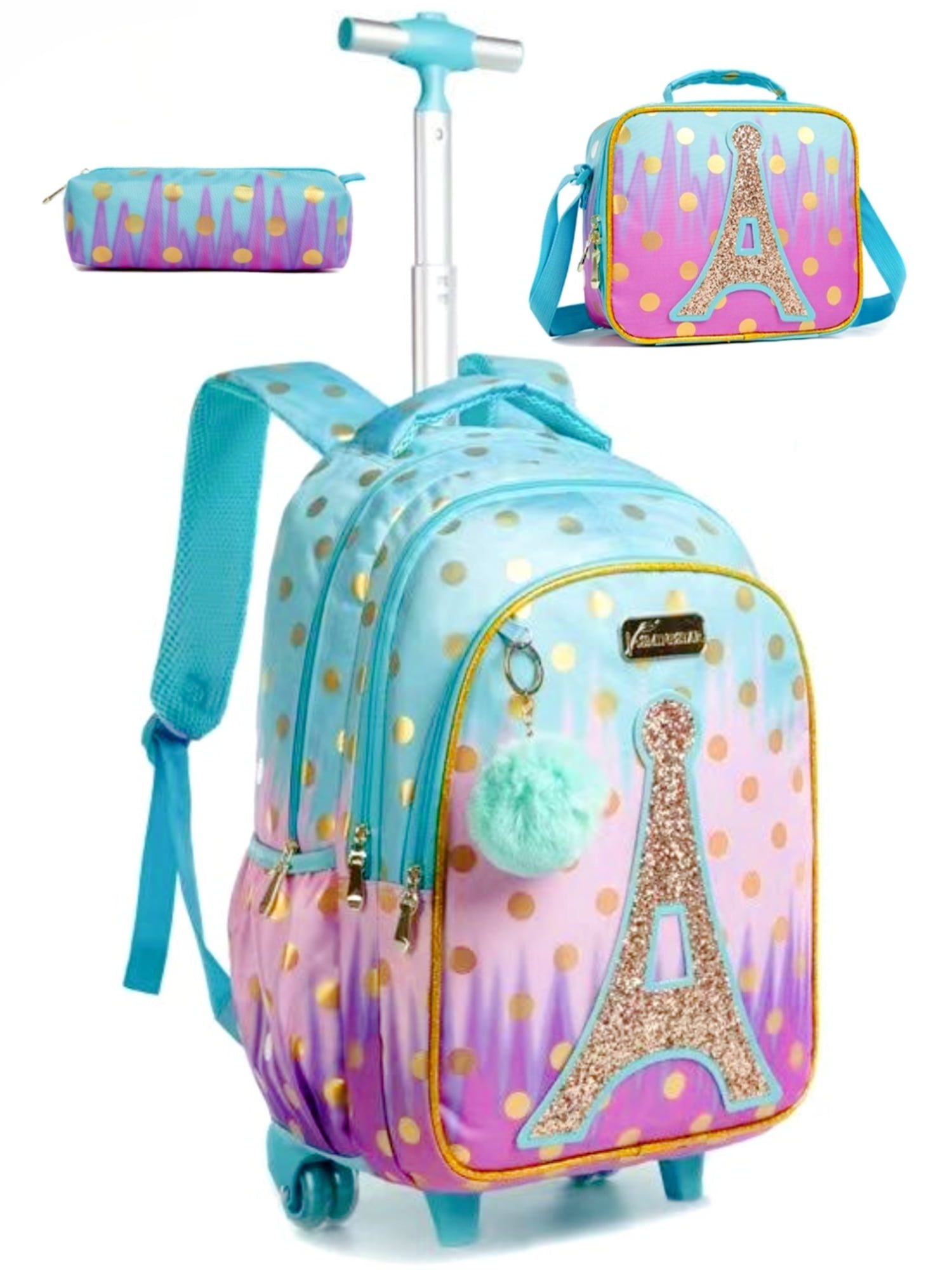 3-in-1 Kids Rolling Backpack Set, Girls School Bag with Crossbody Bag ...