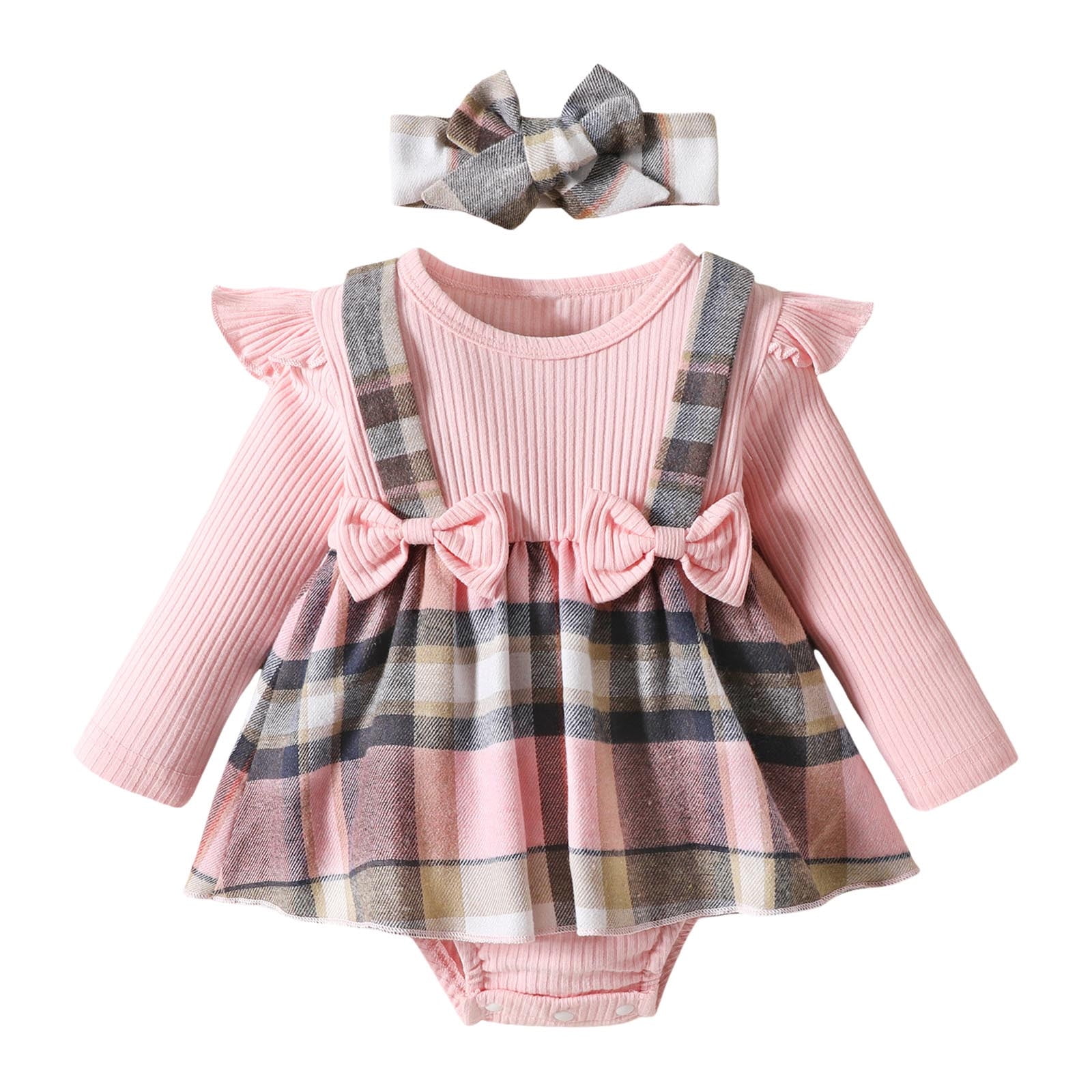 Kids Rompers Girls Long Sleeve Ribbed Bowknot Plaid Romper Bodysuits ...