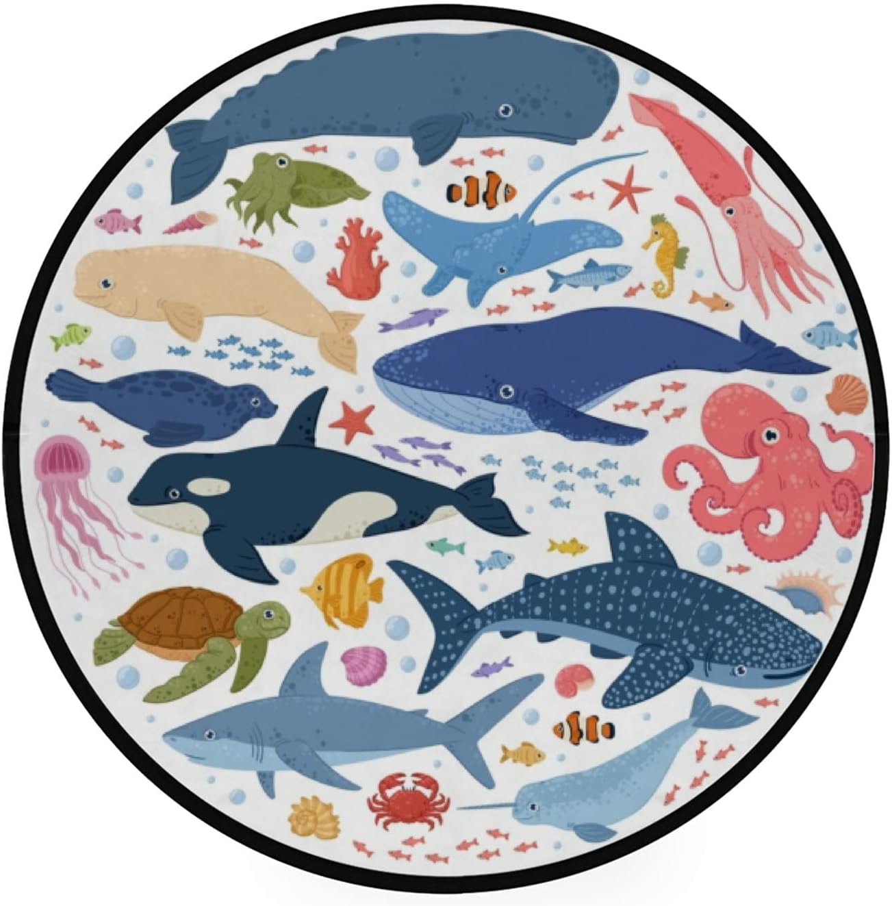 Kids Round Nursery Area Rug Ocean Animals Whale Dolphin Shark 4Ft ...