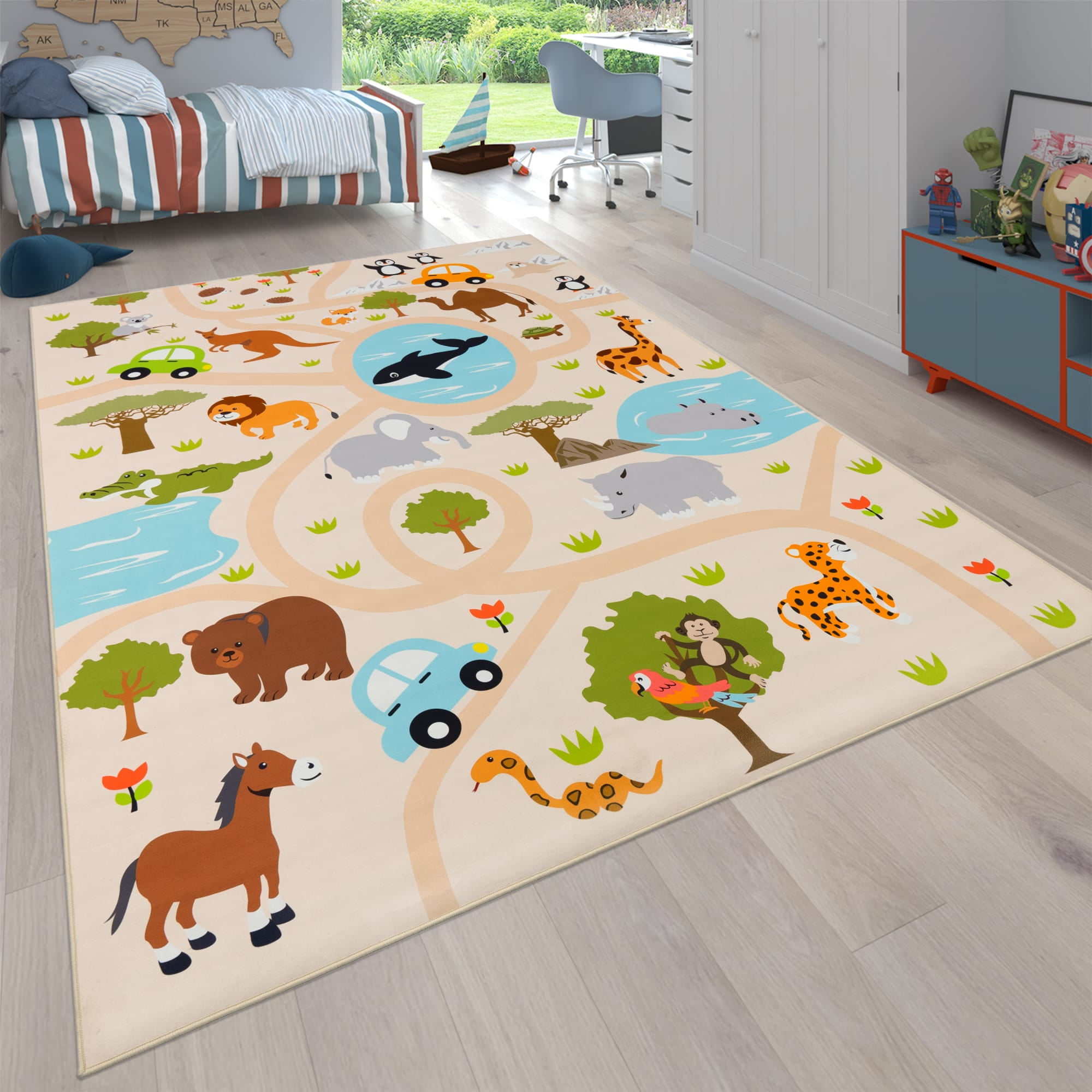 Kids Rug Non-Slip Play Mat with Wild Animals in Beige - Walmart.com