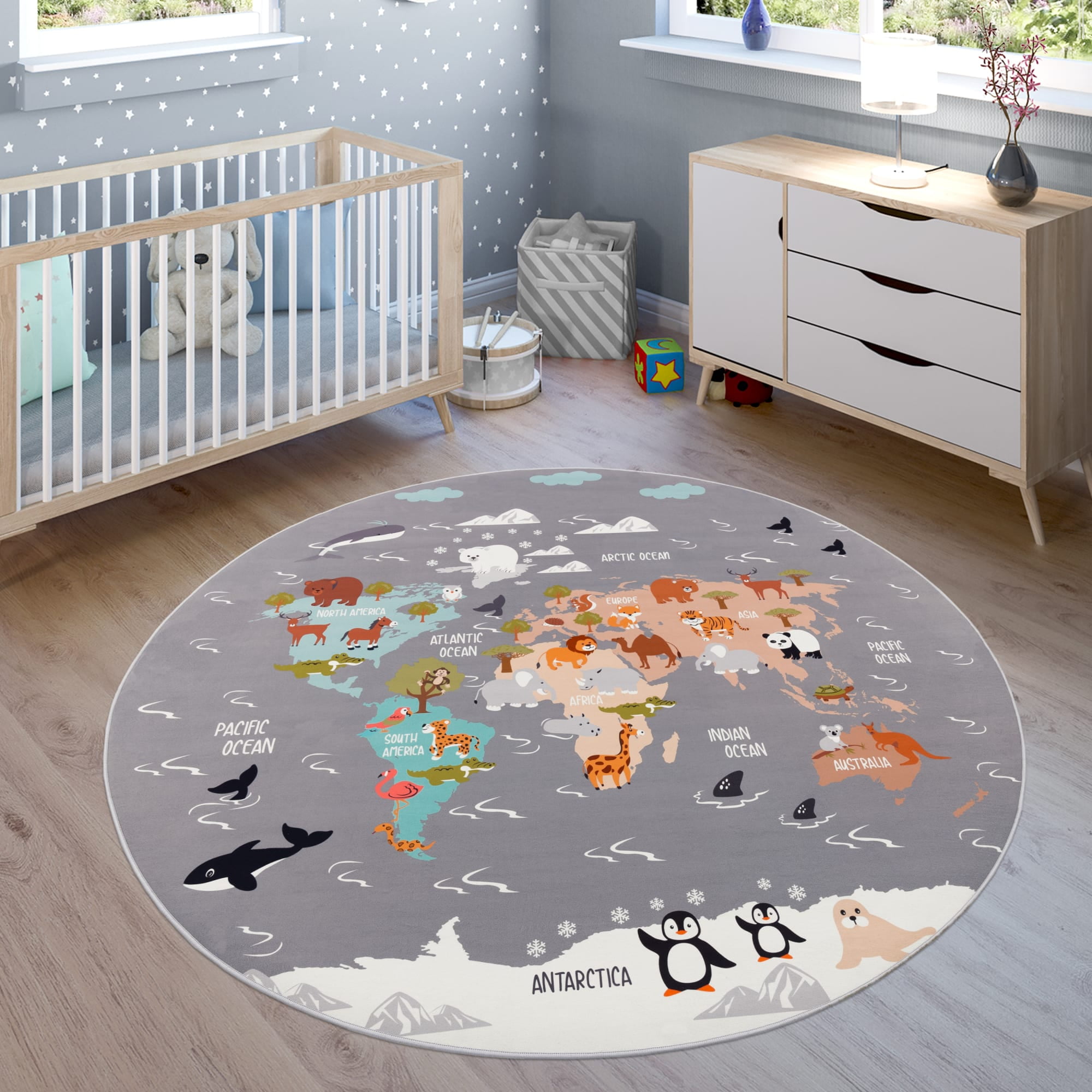 Kids Rug Non-Slip Play Mat with World Map of Animals in Grey - Walmart.com