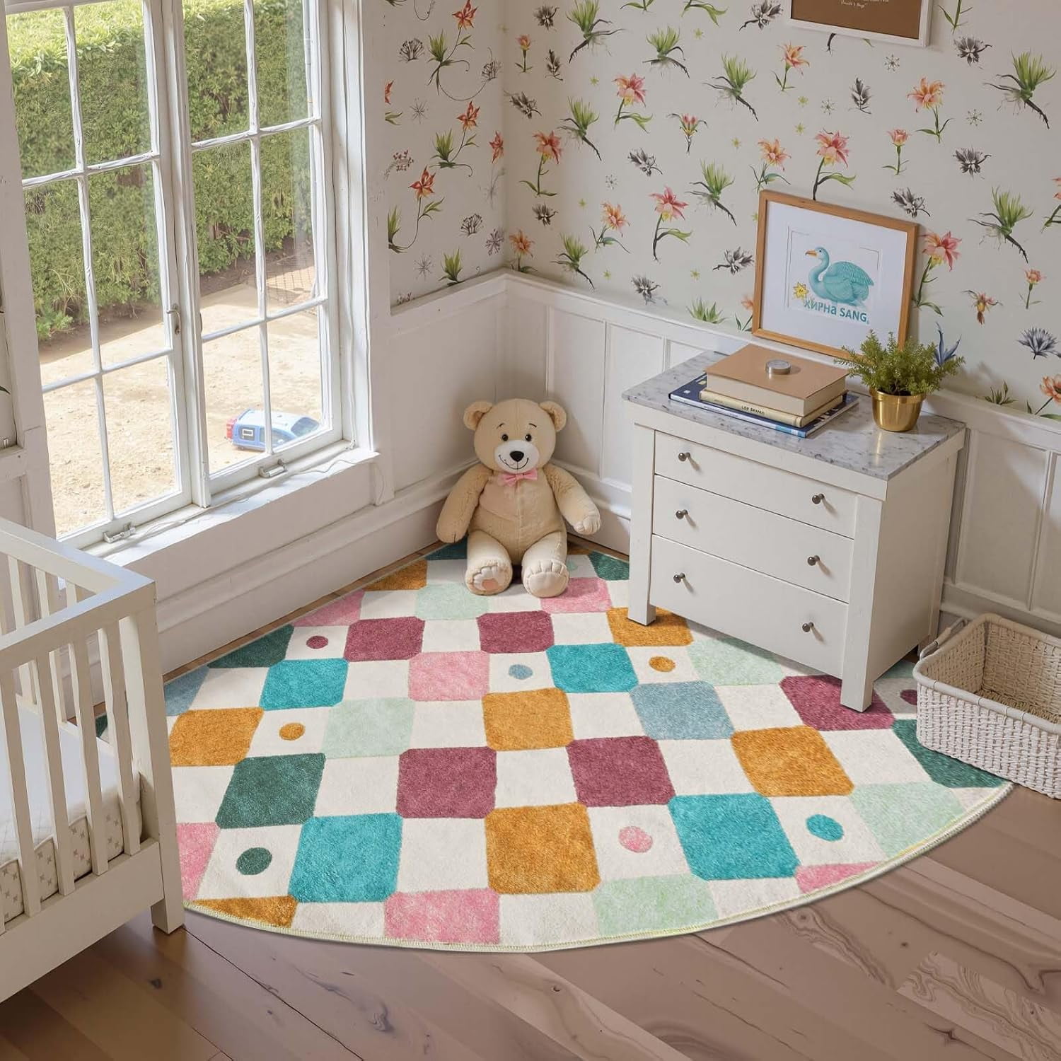 Kids Rug for Nursery 5ft Radius Corner Washable Area Rug Modern ...